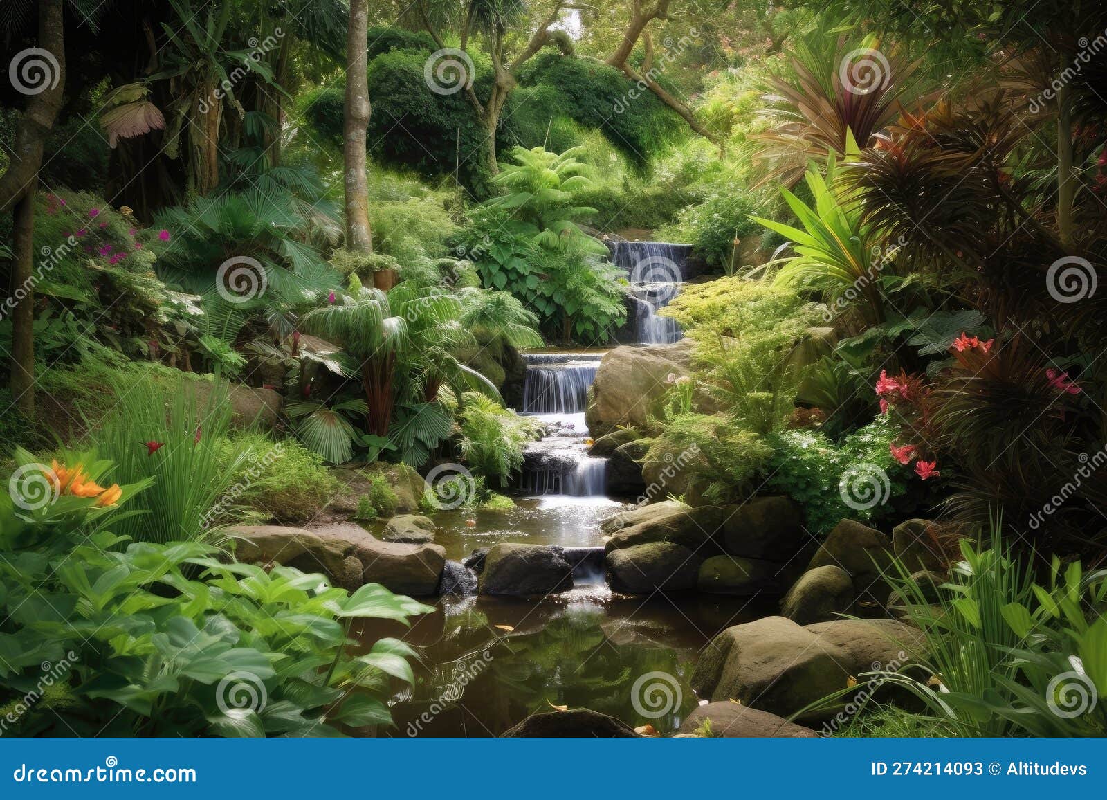 A Garden with a Peaceful Stream and Babbling Waterfall, Surrounded by ...