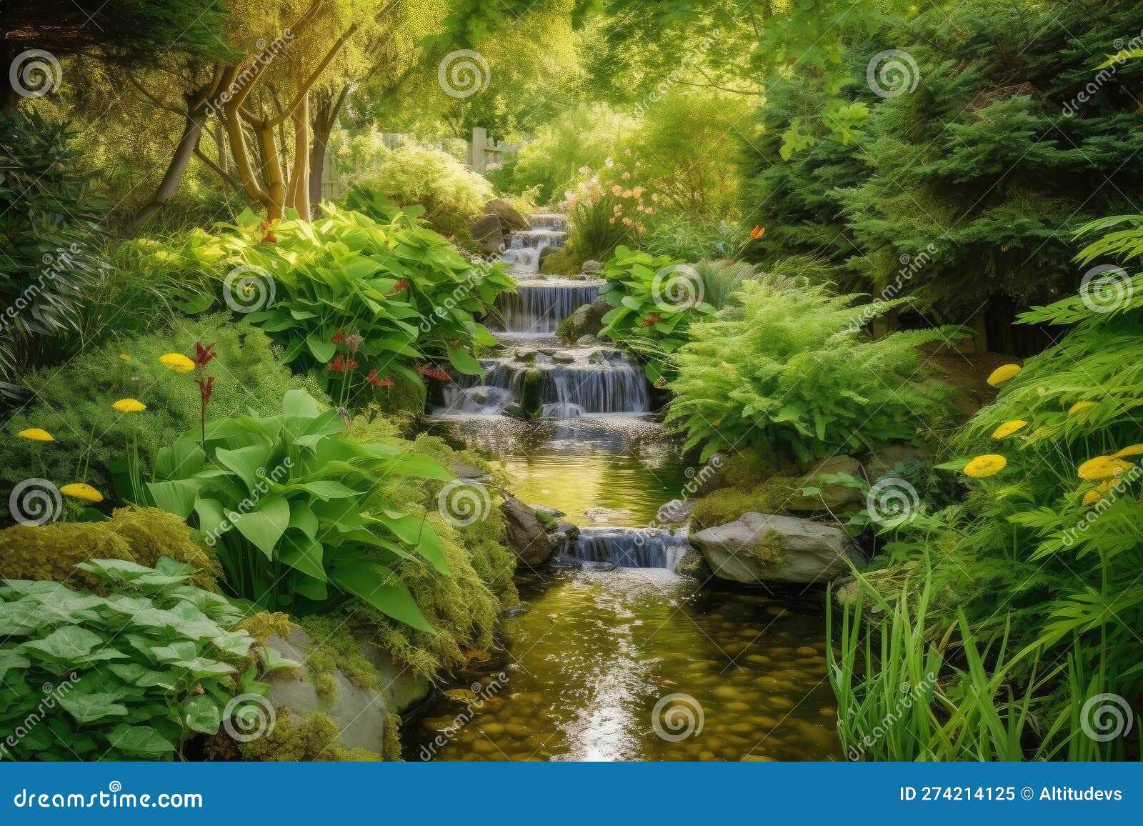 A Garden with a Peaceful Stream and Babbling Waterfall, Surrounded by ...