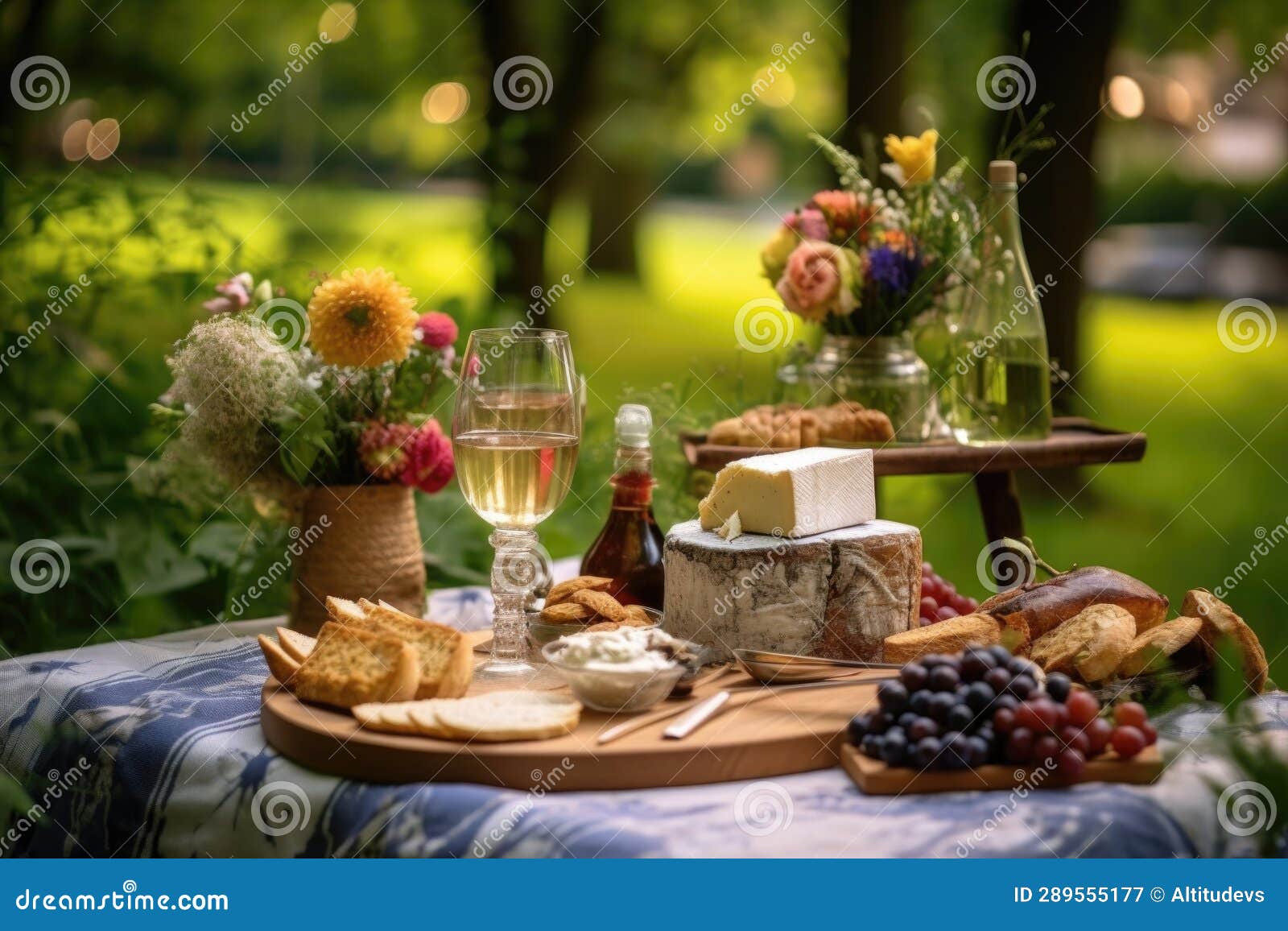 Garden Picnic Setup with Wine and Cheese Platter Stock Image - Image of ...