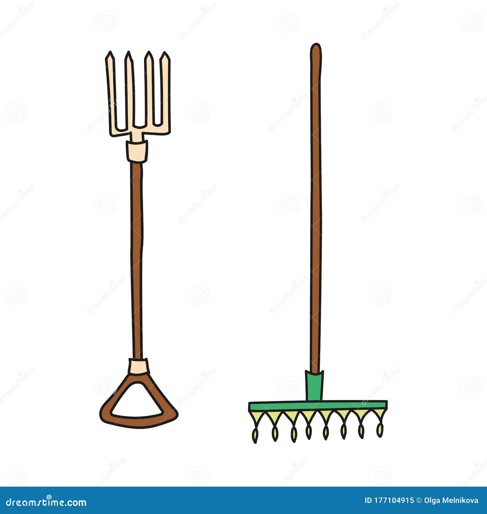 Garden Pitchfork and Rake. Doodle Vector Illustration on White ...