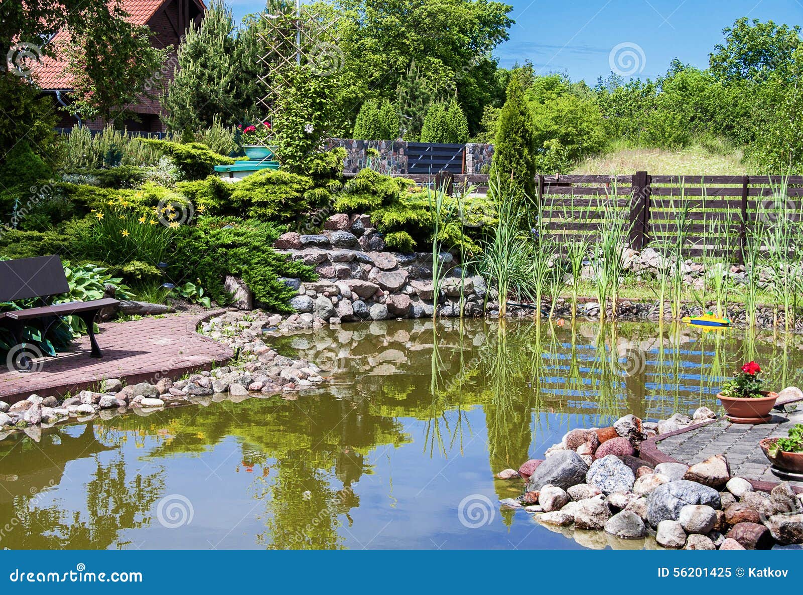 Garden pond stock image. Image of nature, house, landscaping - 56201425