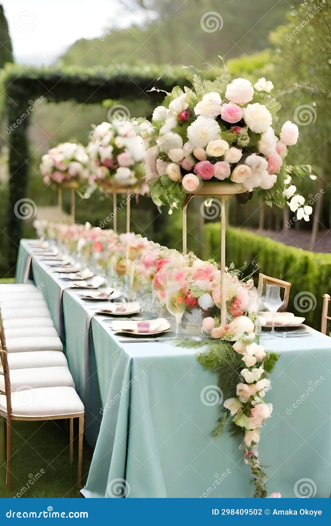 Garden Reception Setting with Light Blue Satin Spread on the Table ...