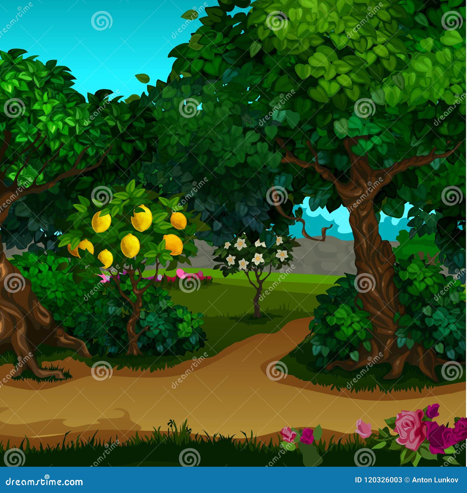 A Garden with Ripe Fruit. Vector Cartoon Close-up Illustration. Stock ...
