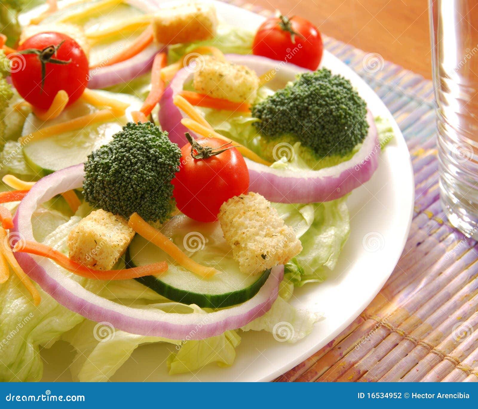 Garden Salad on Table Setting with Glass of Water Stock Photo - Image ...