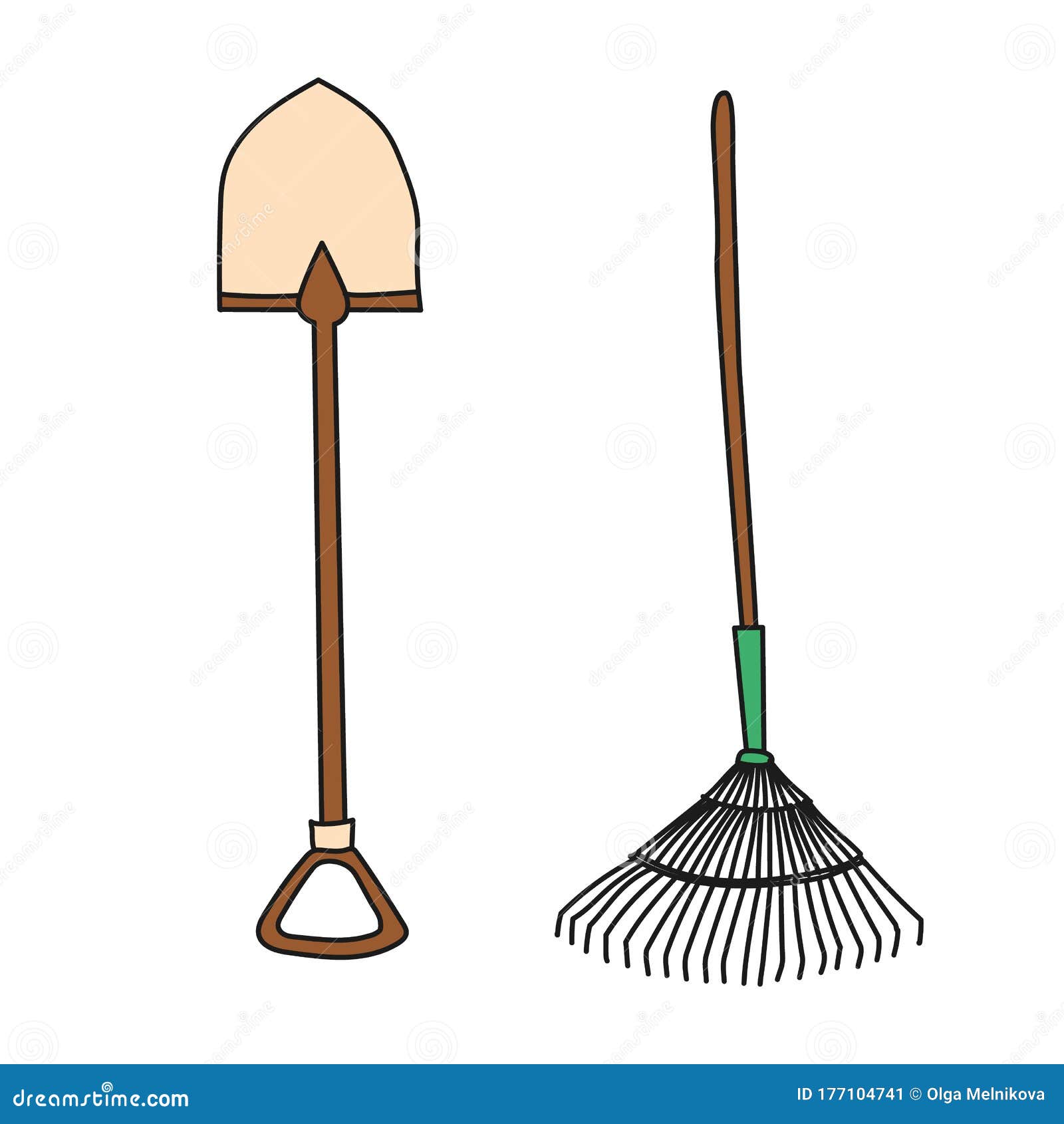 Garden Shovel and Rake. Hand Drawn Simple Icon Stock Vector ...