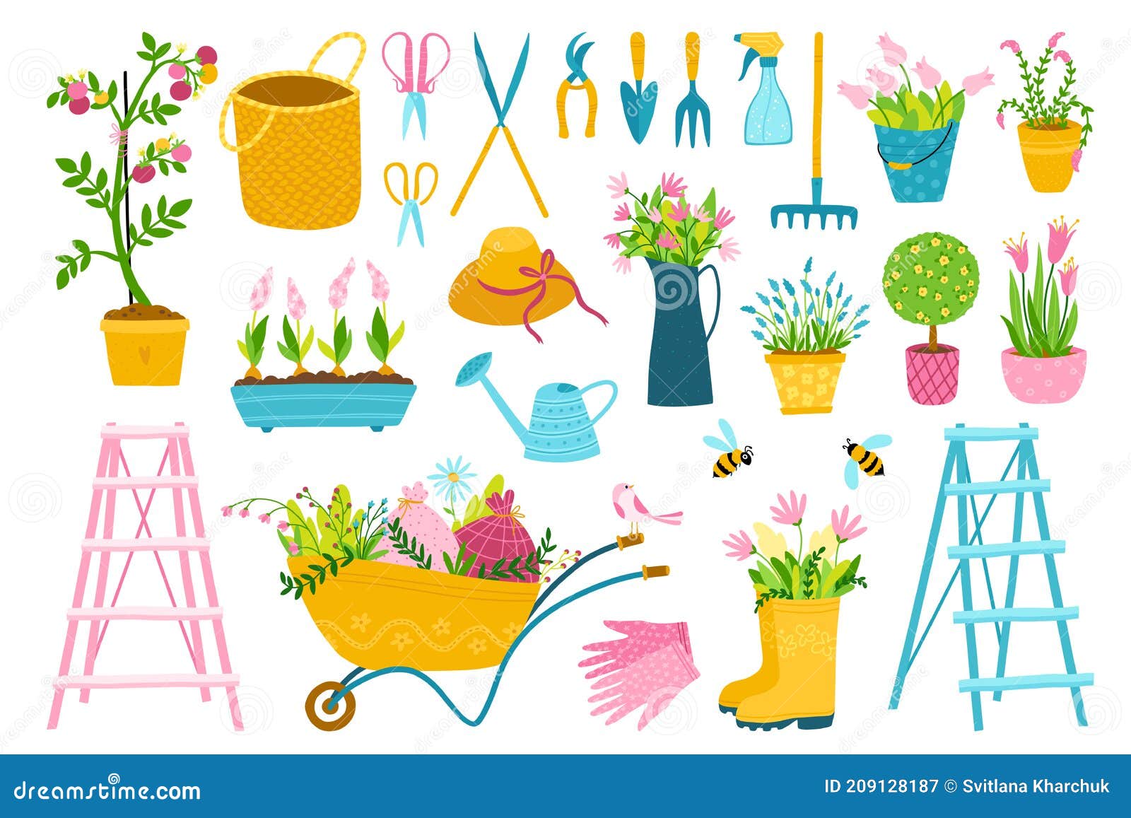 Garden Spring Set with Tools, Flowers, Stepladder. a Large Collection ...