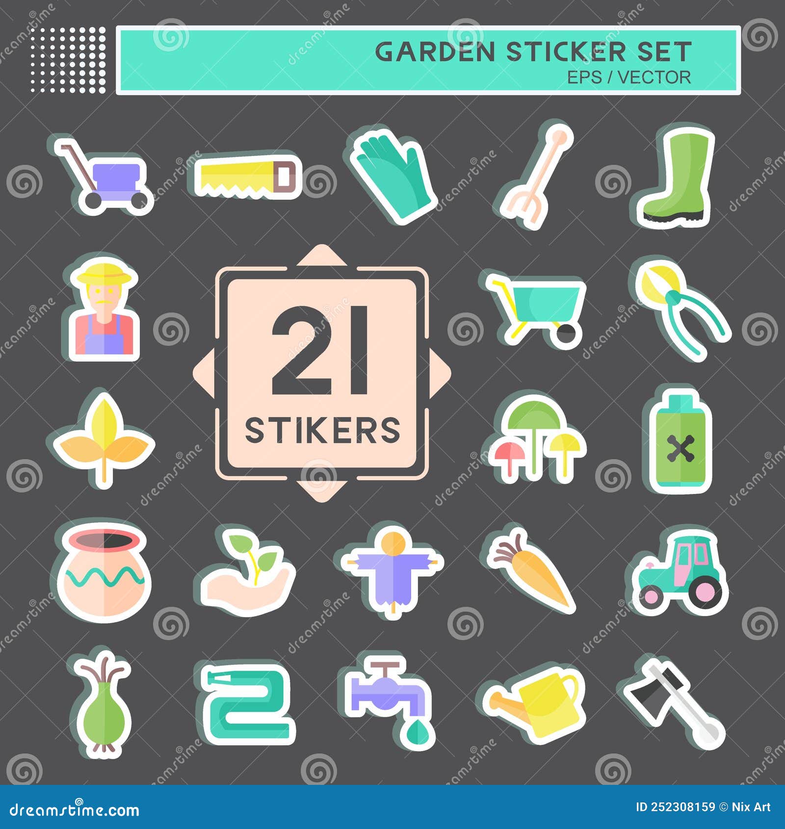 Garden Sticker Set in Trendy Isolated on Black Background Stock ...
