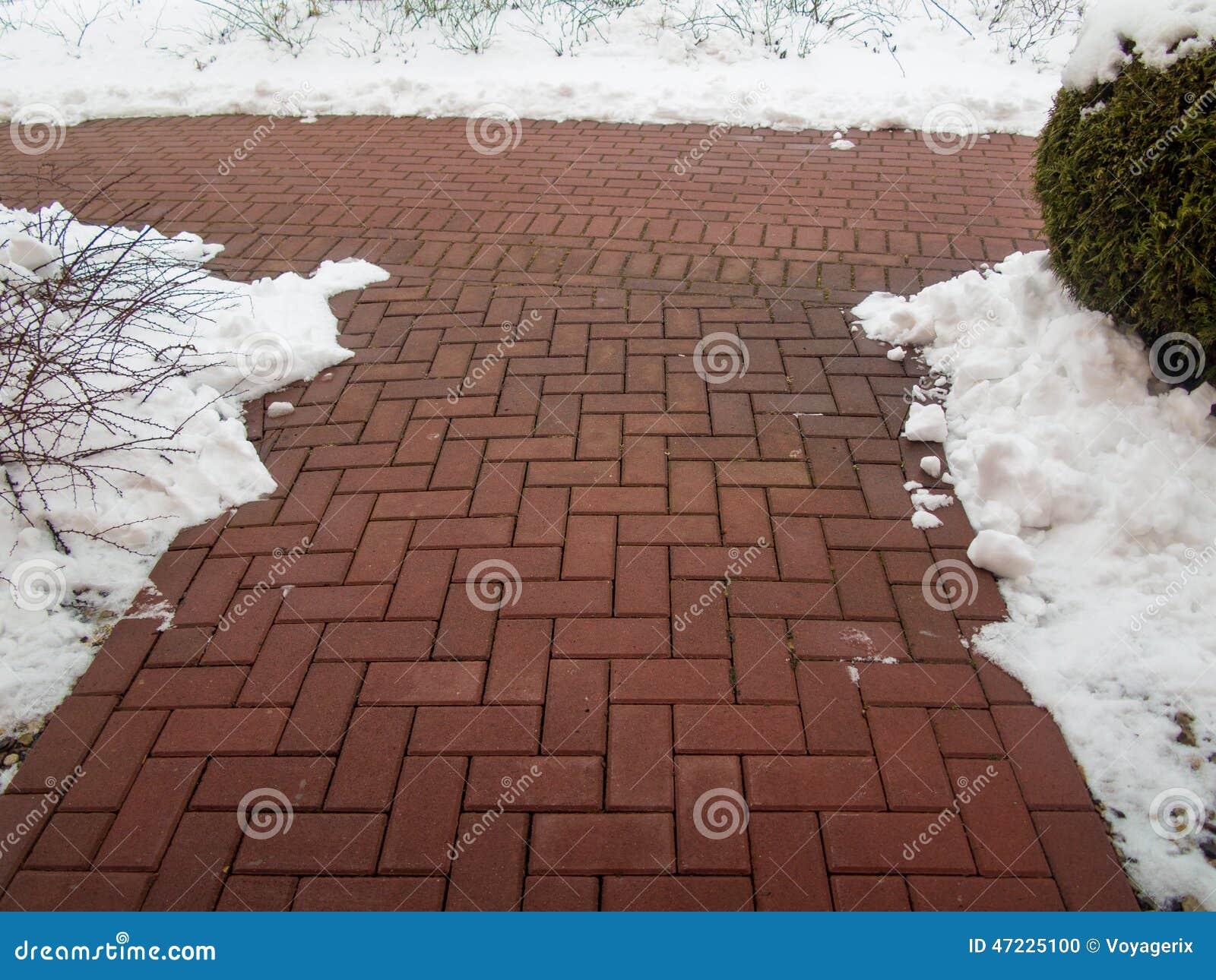 Garden Stone Path with Snow. Brick Sidewalk Stock Photo - Image of ...