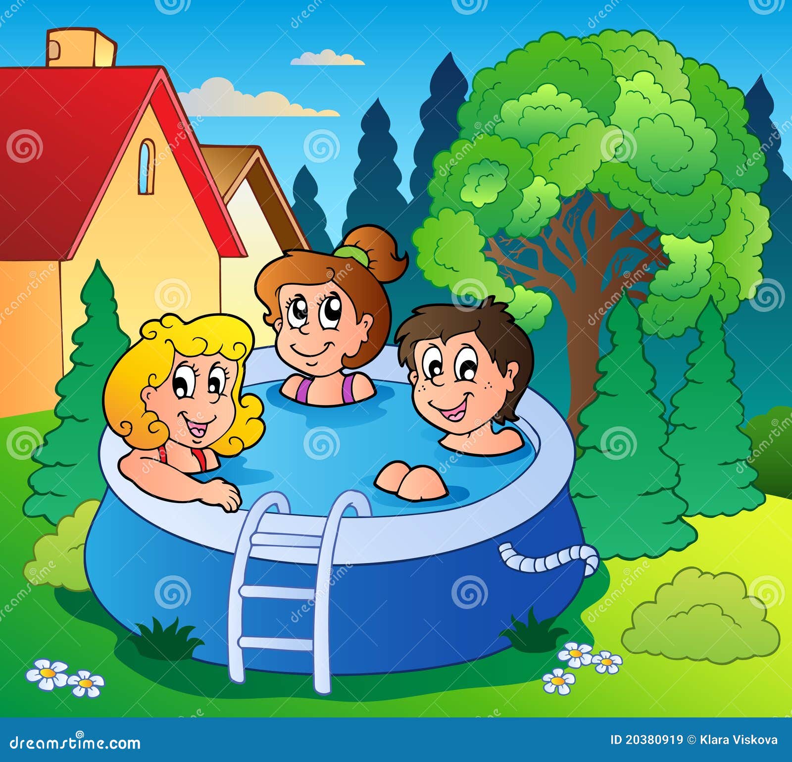Garden with Three Kids in Pool Stock Vector - Illustration of artwork ...