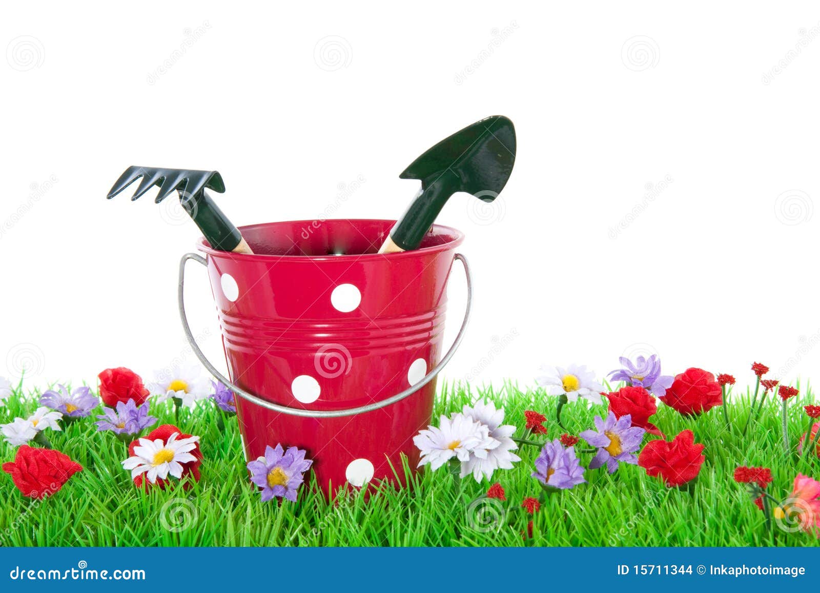Garden tools in a bucket stock photo. Image of grass - 15711344
