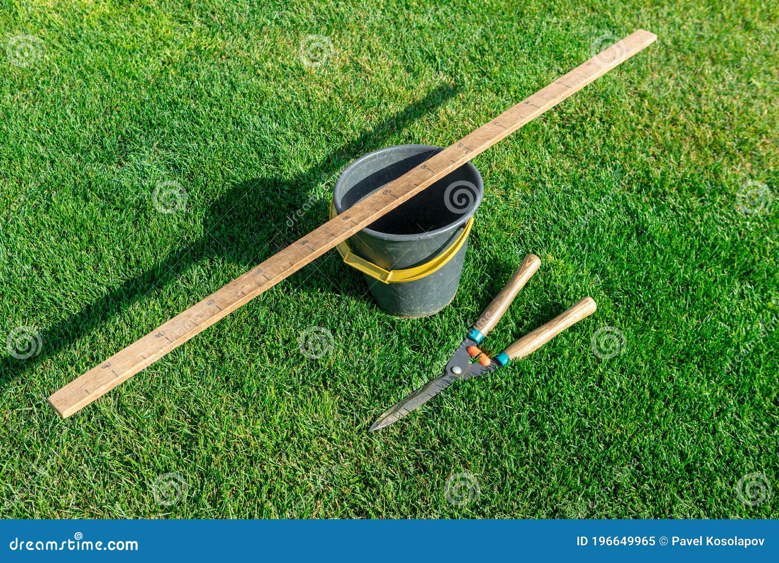 Garden Tools Bucket, Ruler, Garden Scissors Lie on the Green Grass ...