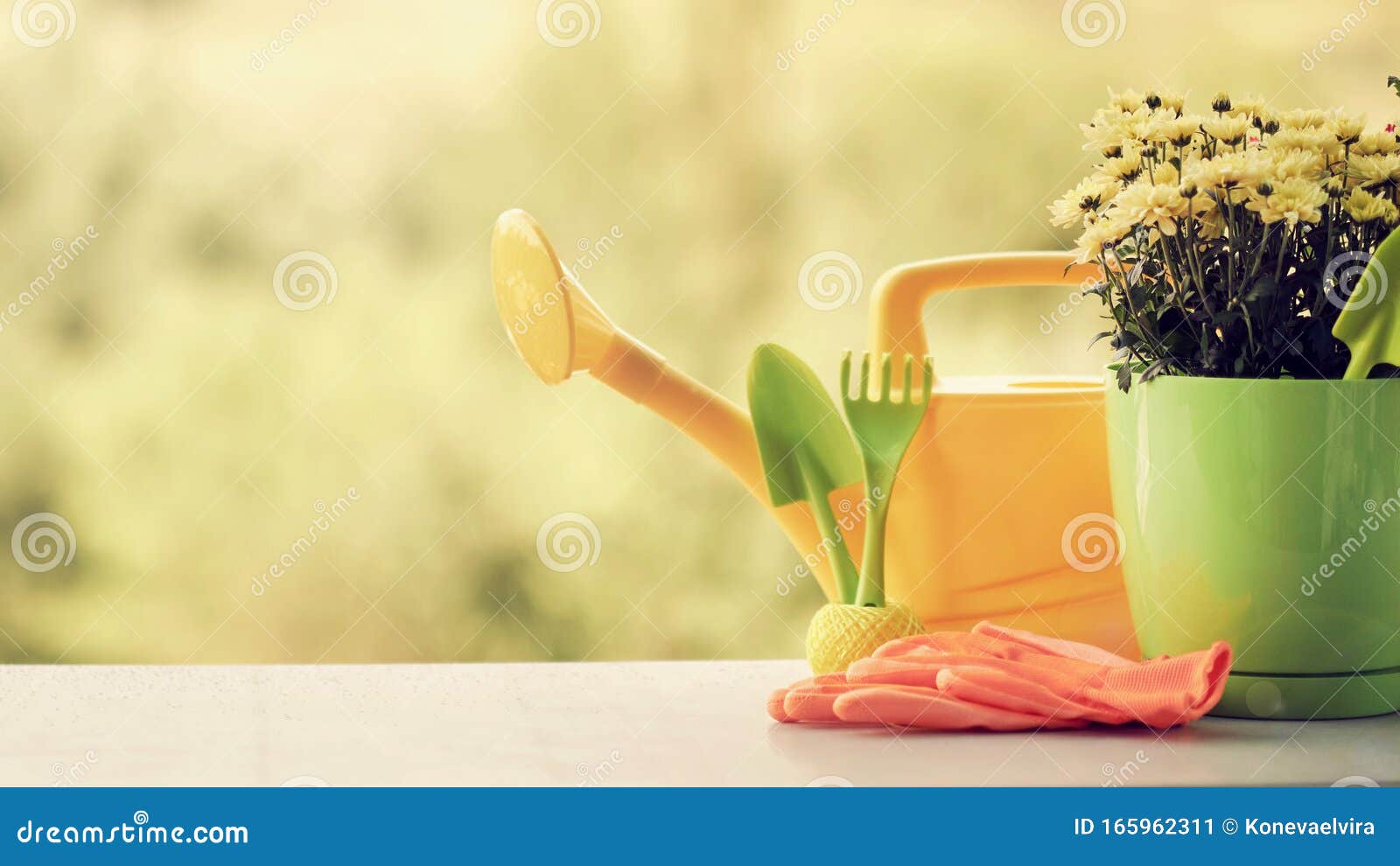Garden Tools with Decorative Summer Flowers Background,border Stock ...