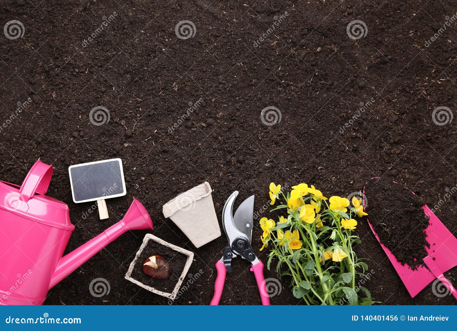 Garden tools with flowers stock photo. Image of instrument - 140401456