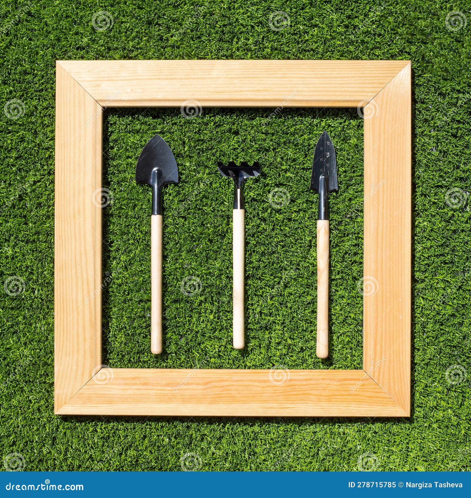 Garden Tools in Frame on Grass Stock Image - Image of wall, text: 278715785