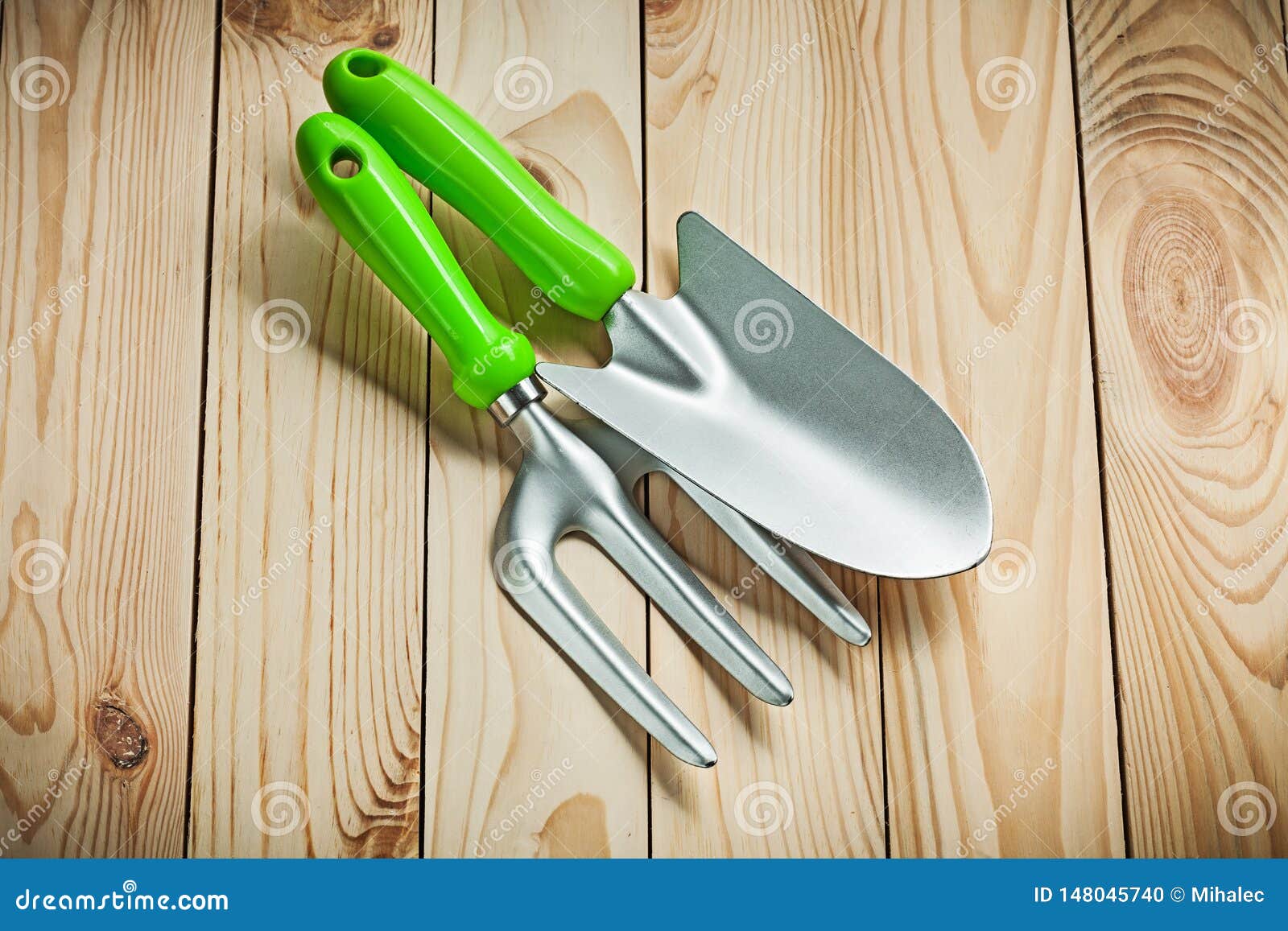 Garden Tools Hand Spade and Fork on Wood Boards Stock Photo - Image of ...