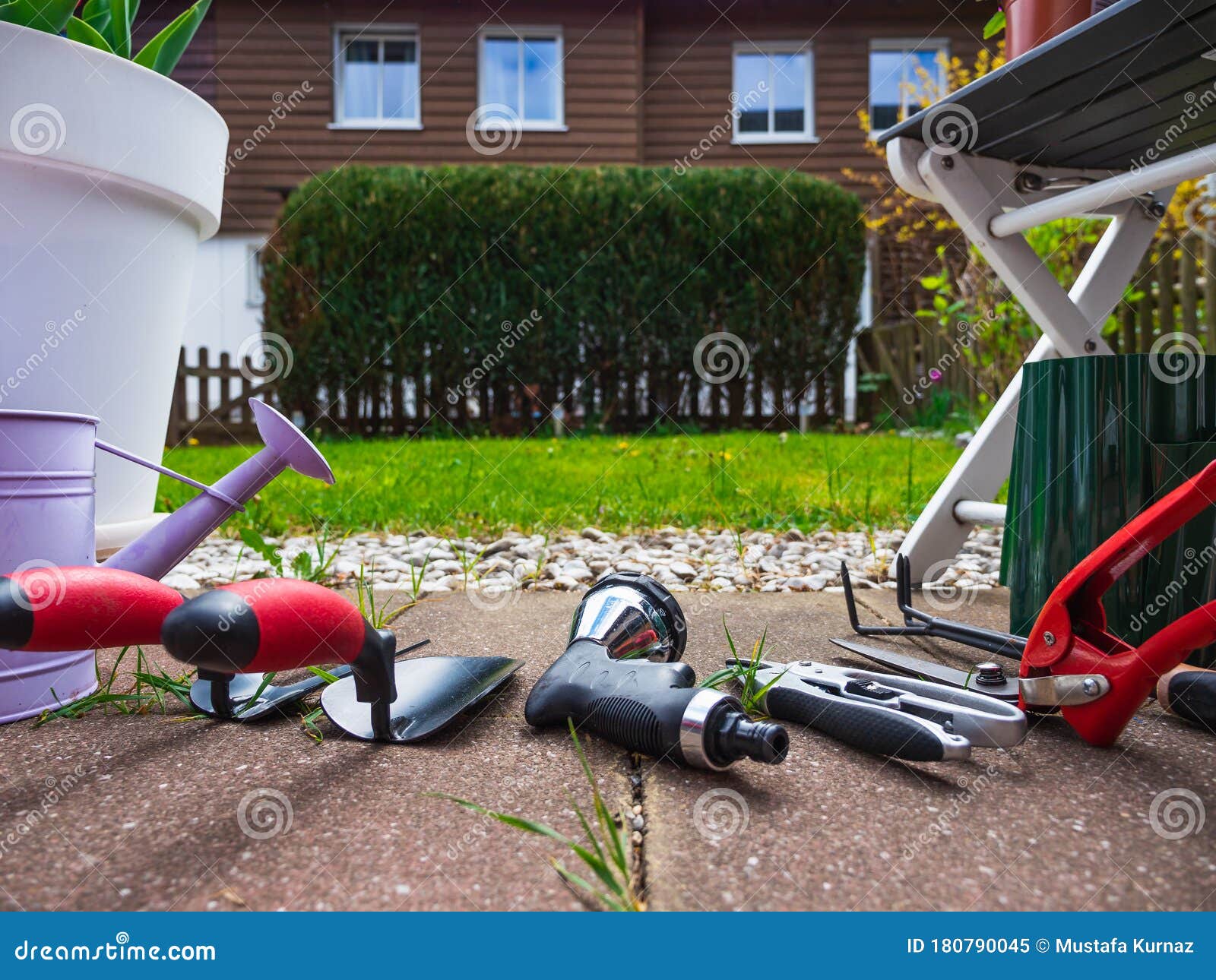 Garden tools with plants stock image. Image of gardener - 180790045