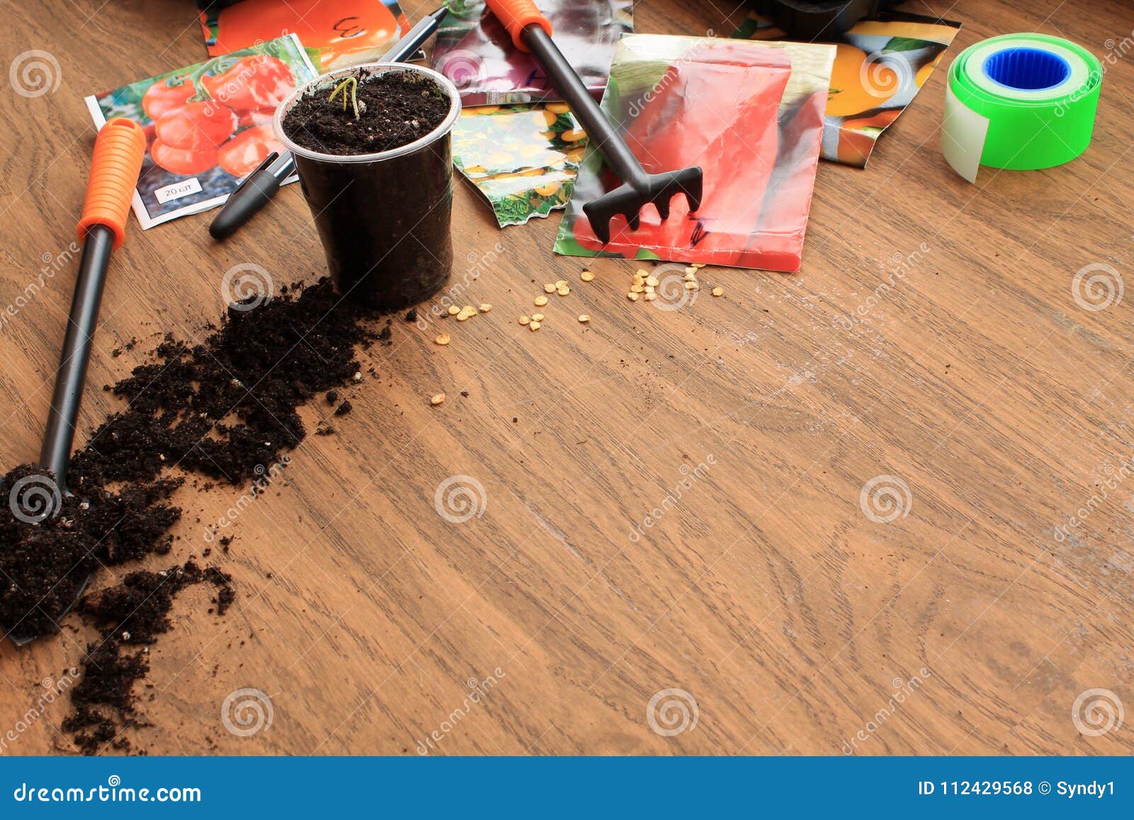 Garden Tools, Sachets of Vegetable Seeds, Scattered Soil and Small ...