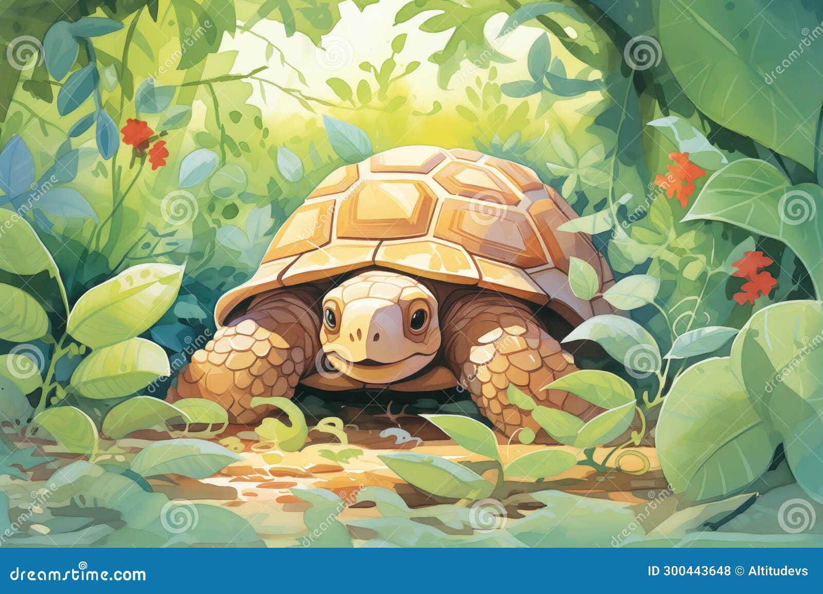 Garden Tortoise Hiding in the Shade Under a Bush Stock Illustration ...