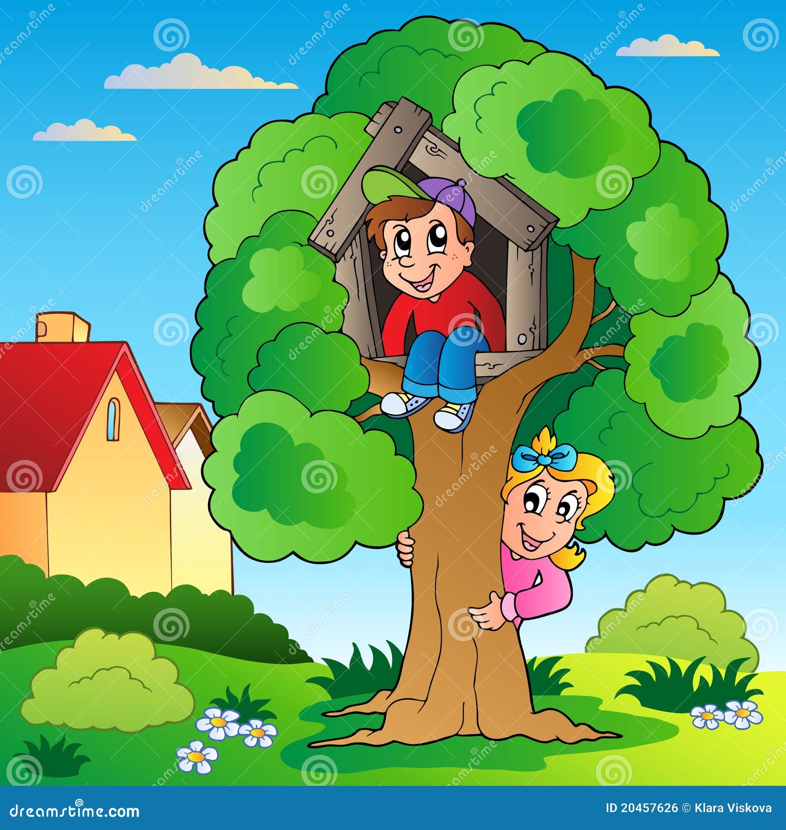Garden With Two Kids And Tree Vector Illustration | CartoonDealer.com ...