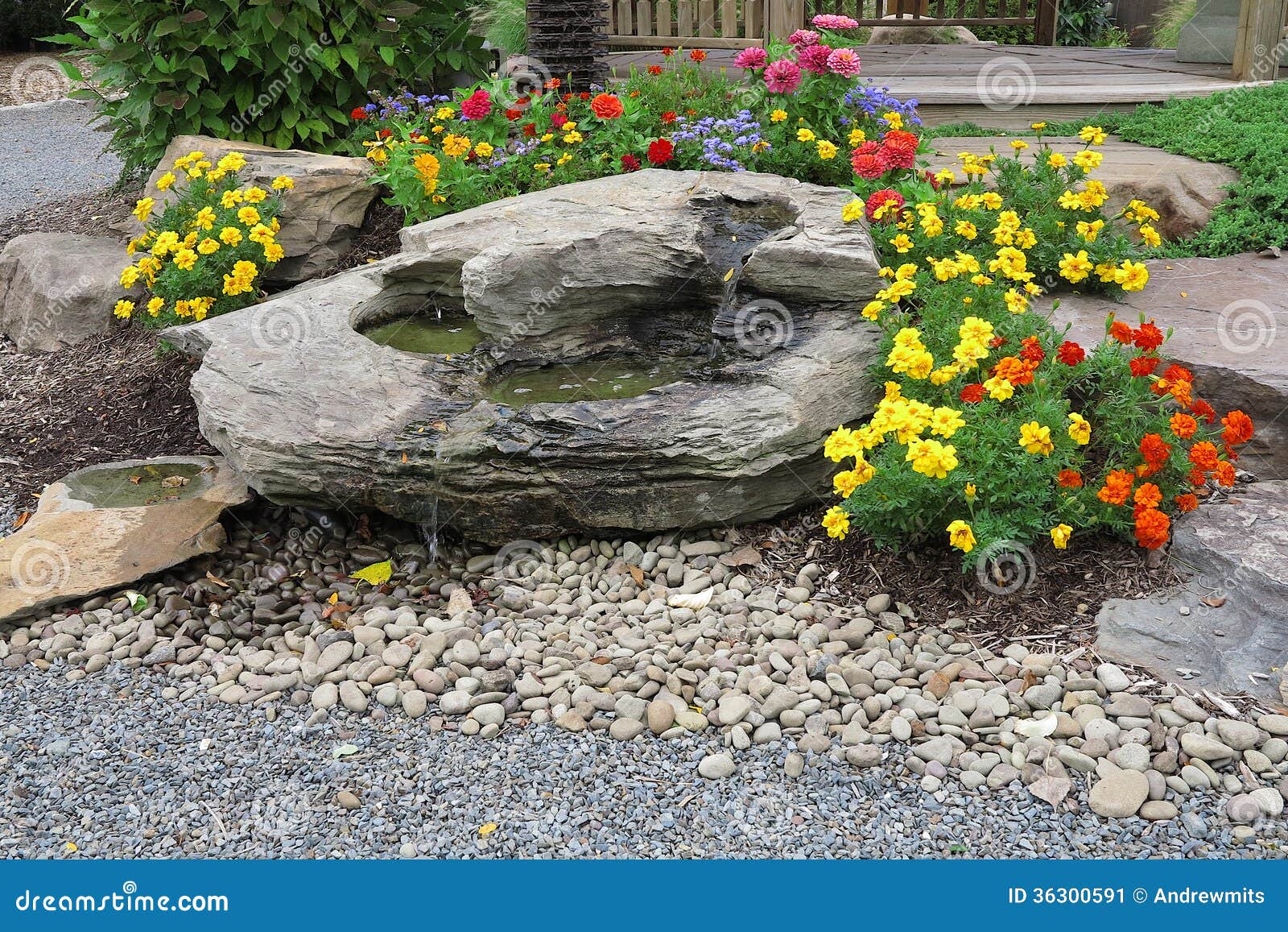 Garden Waterfall and Flowers Stock Image - Image of pink, stone: 36300591
