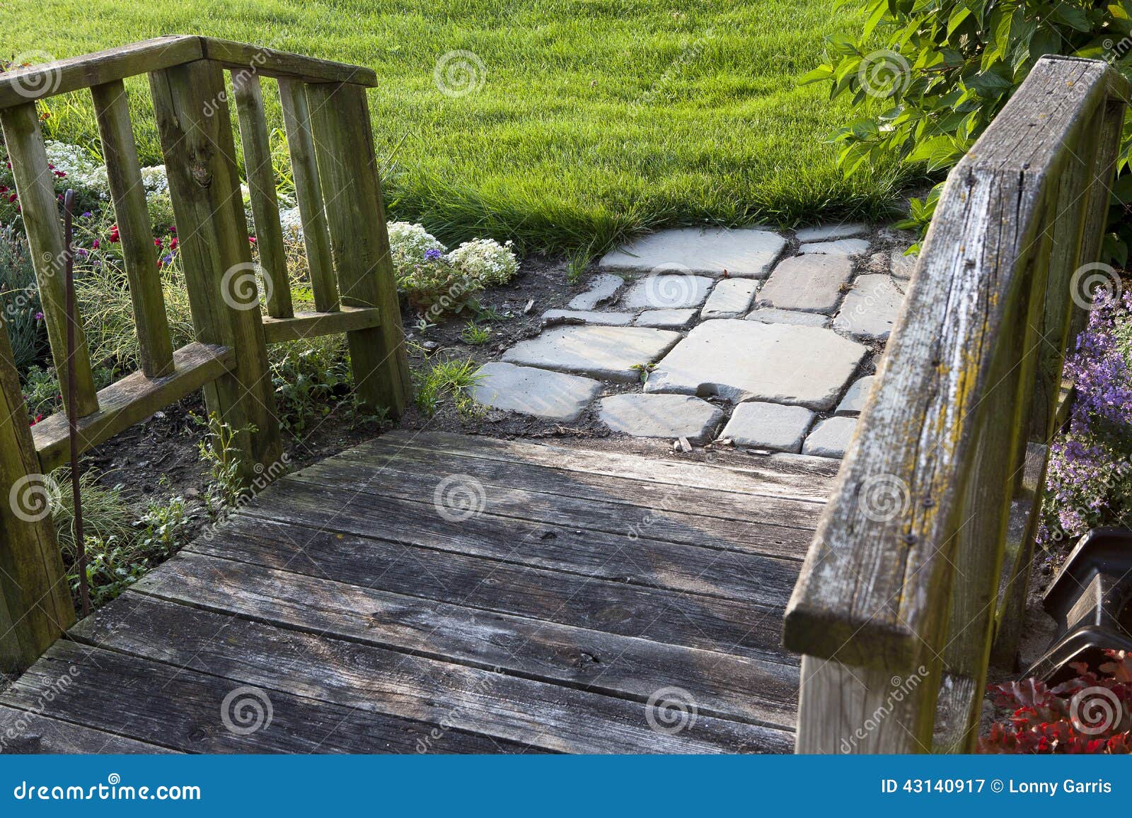 Garden Wooden Pathway with Stone Pavers Stock Image - Image of ...