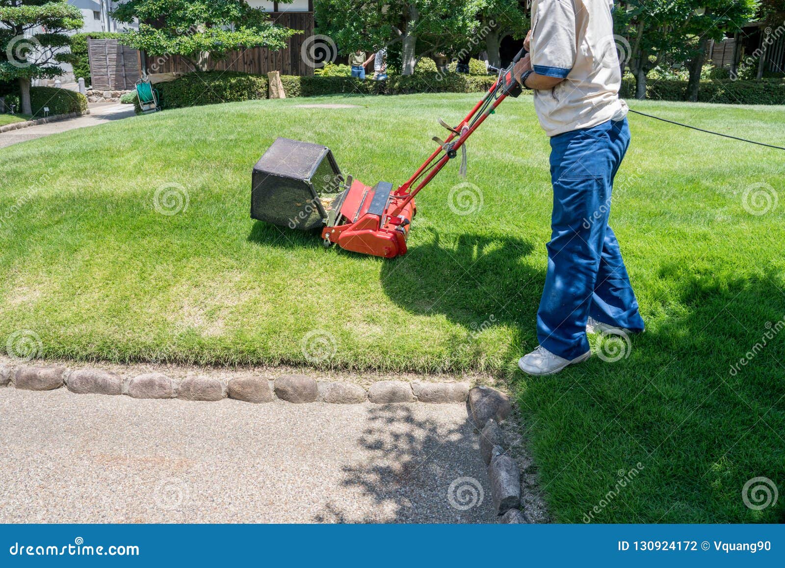 Gardener Cutting the Grass with Lawn Mower Stock Photo - Image of fresh ...