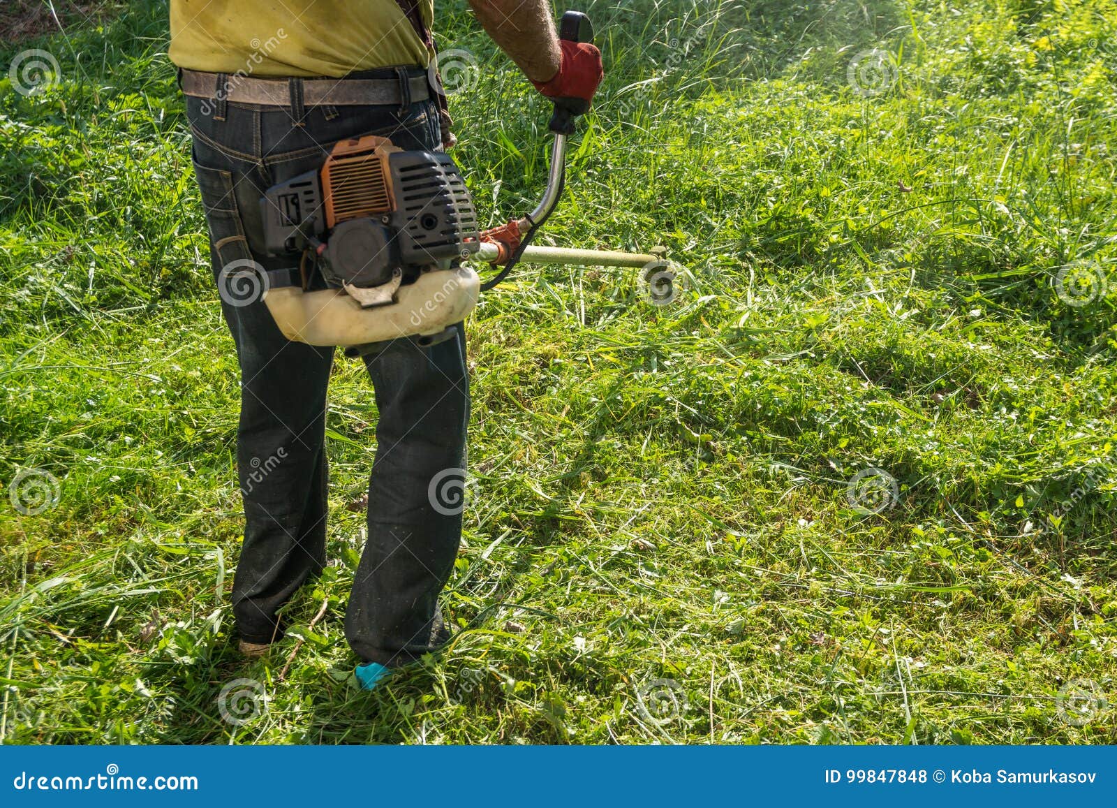 The Gardener Cutting Grass by Lawn Mower Stock Photo - Image of worker ...
