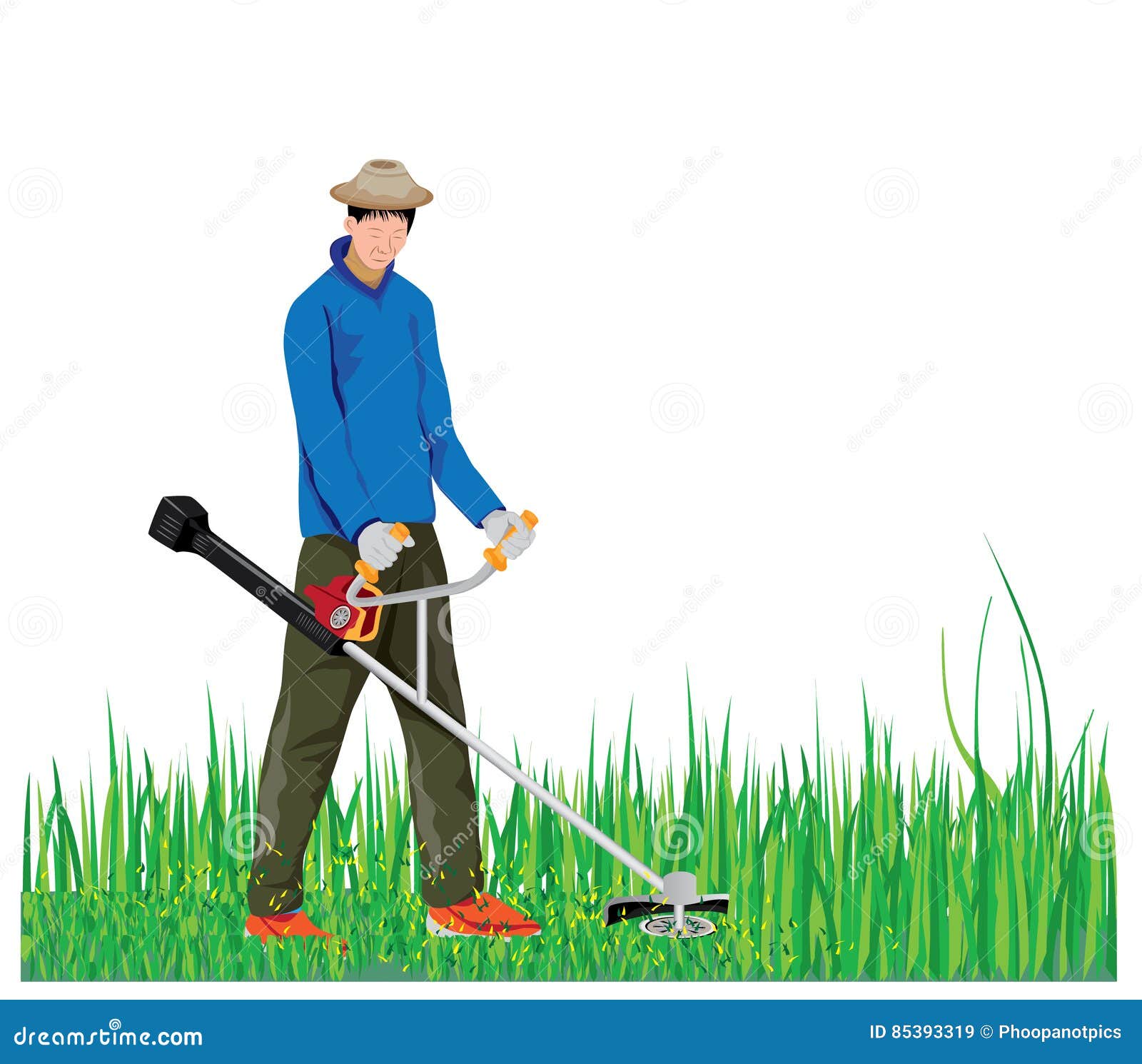 Gardener mowing grass stock vector. Illustration of farmer - 85393319