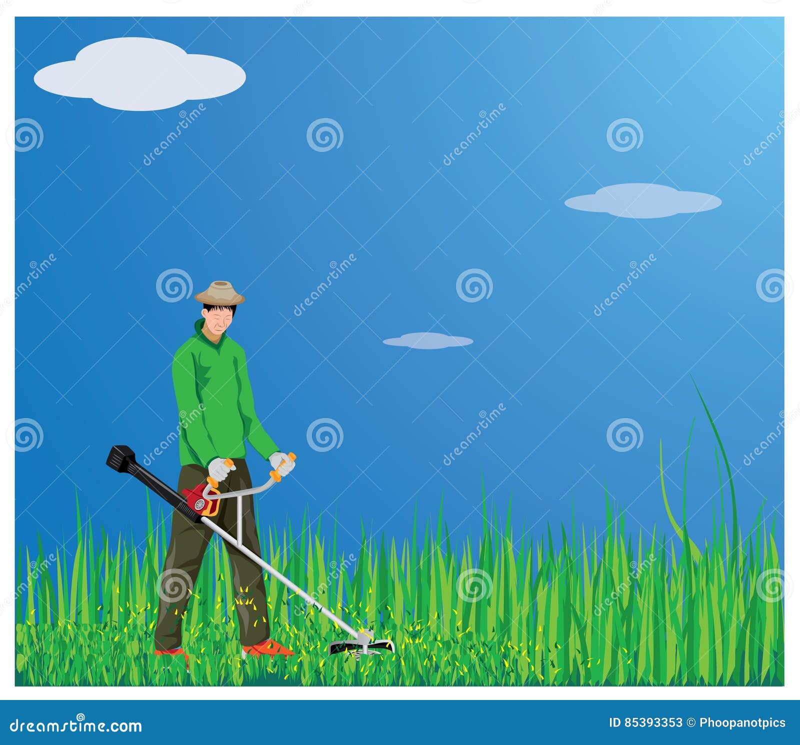 Gardener mowing grass stock vector. Illustration of mower - 85393353