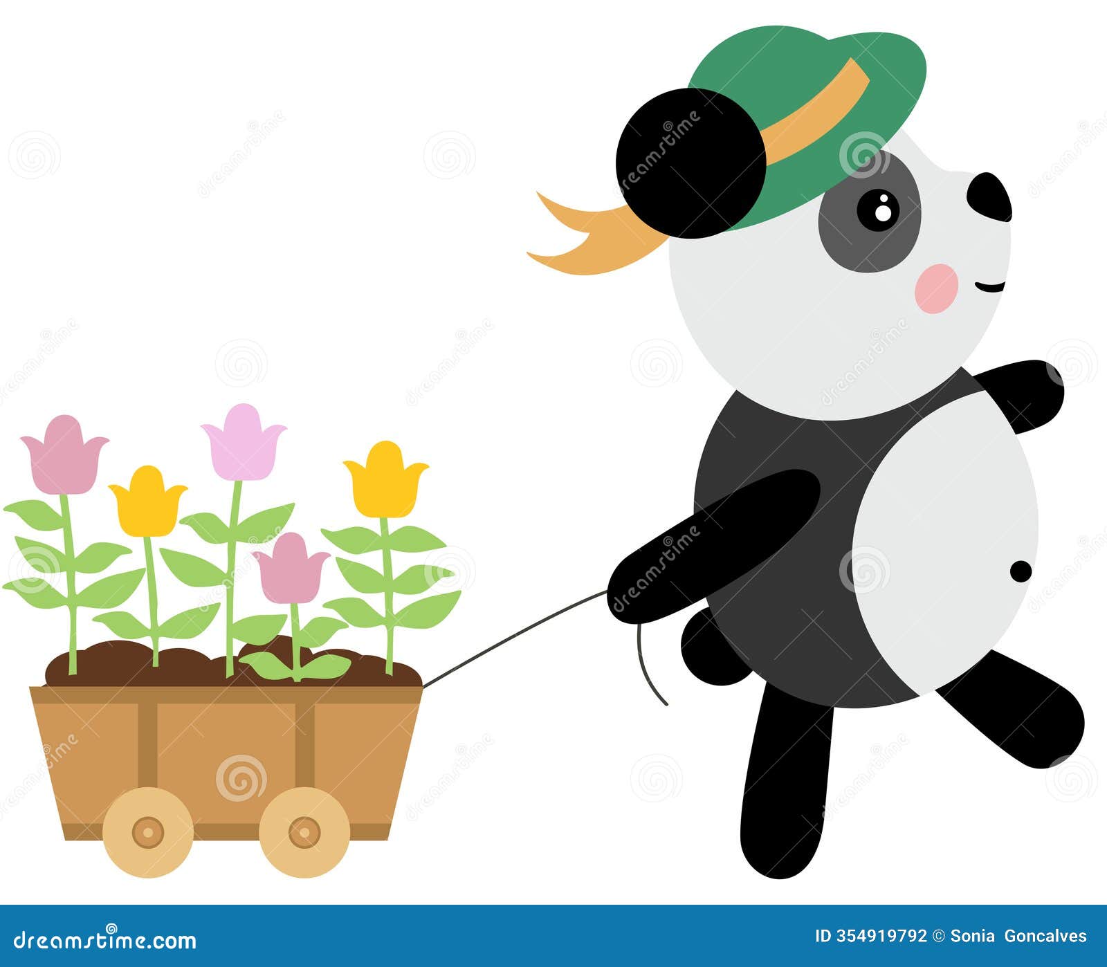 Gardener Panda Pulling Wooden Small Cart with Flowers Stock ...