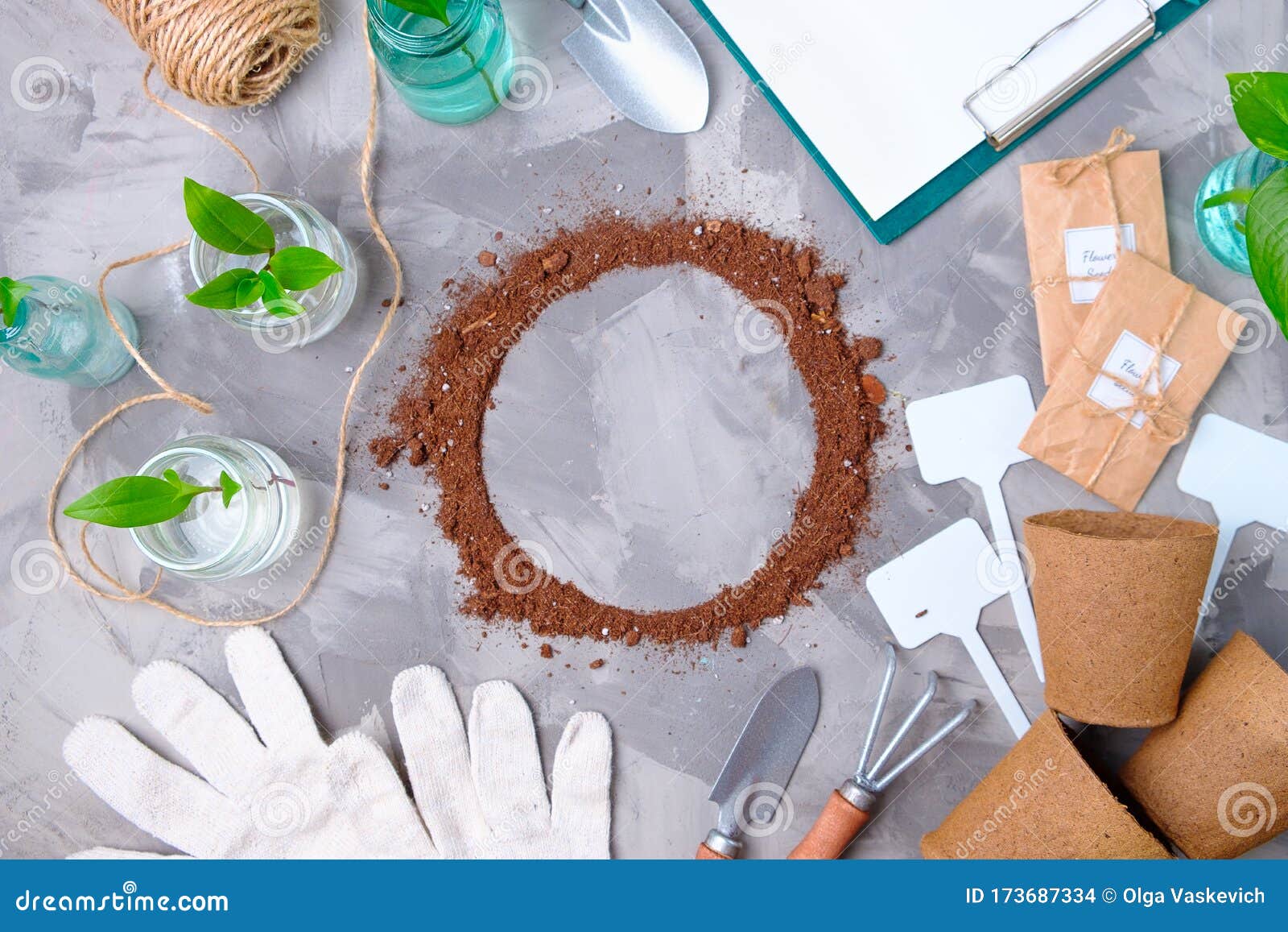 Gardener`s Desk with Garden Tools, Seeds and Tablet Stock Photo - Image ...