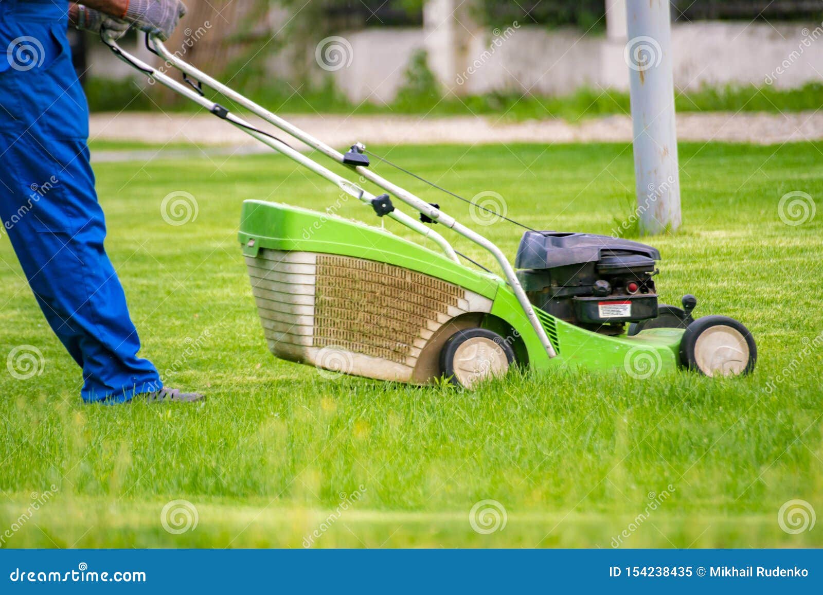 Gardener Worker Cutting Grass with Mower in the Backyard Lawn Fields ...