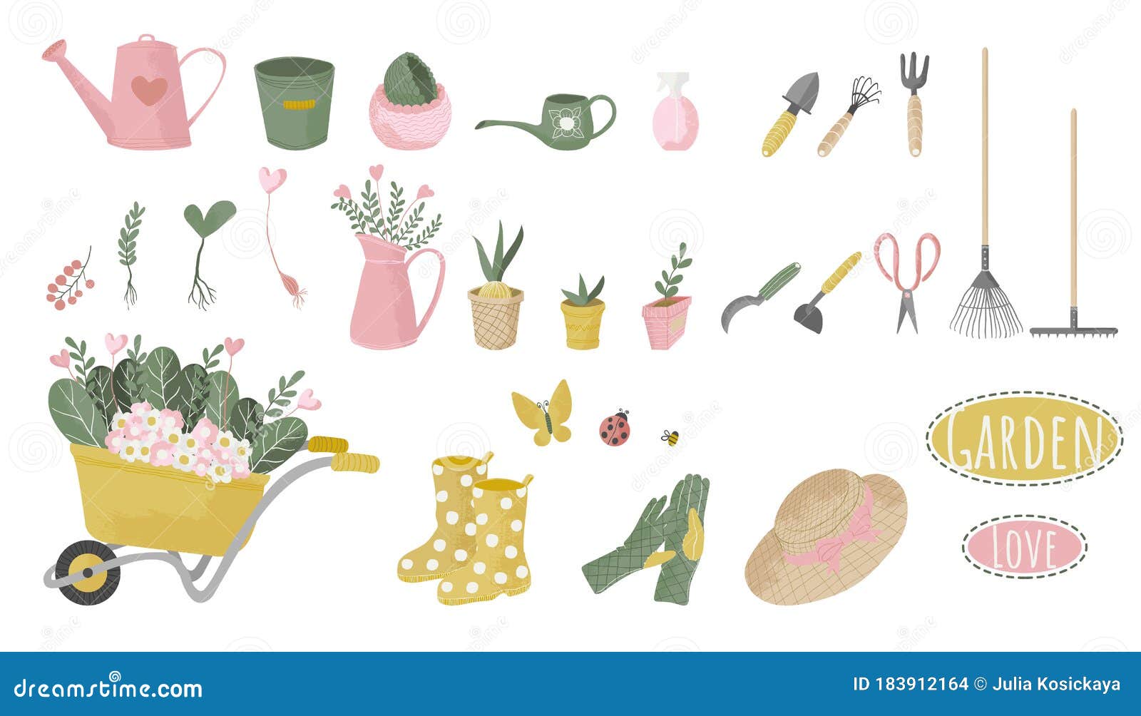 Gardening Icon Set, Flat Cartoons Style with Texture. Vector Hand Drawn ...