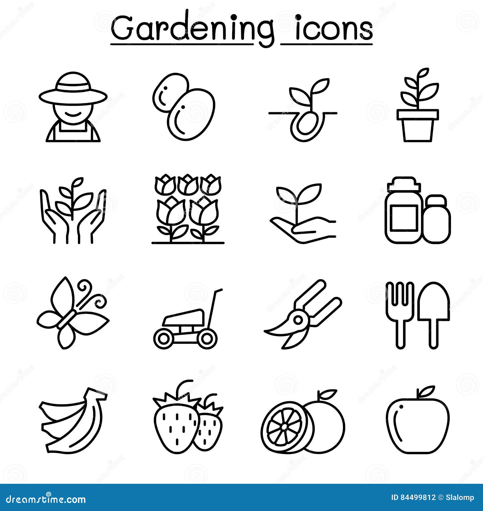 Gardening Icon Set in Thin Line Style Stock Illustration - Illustration ...