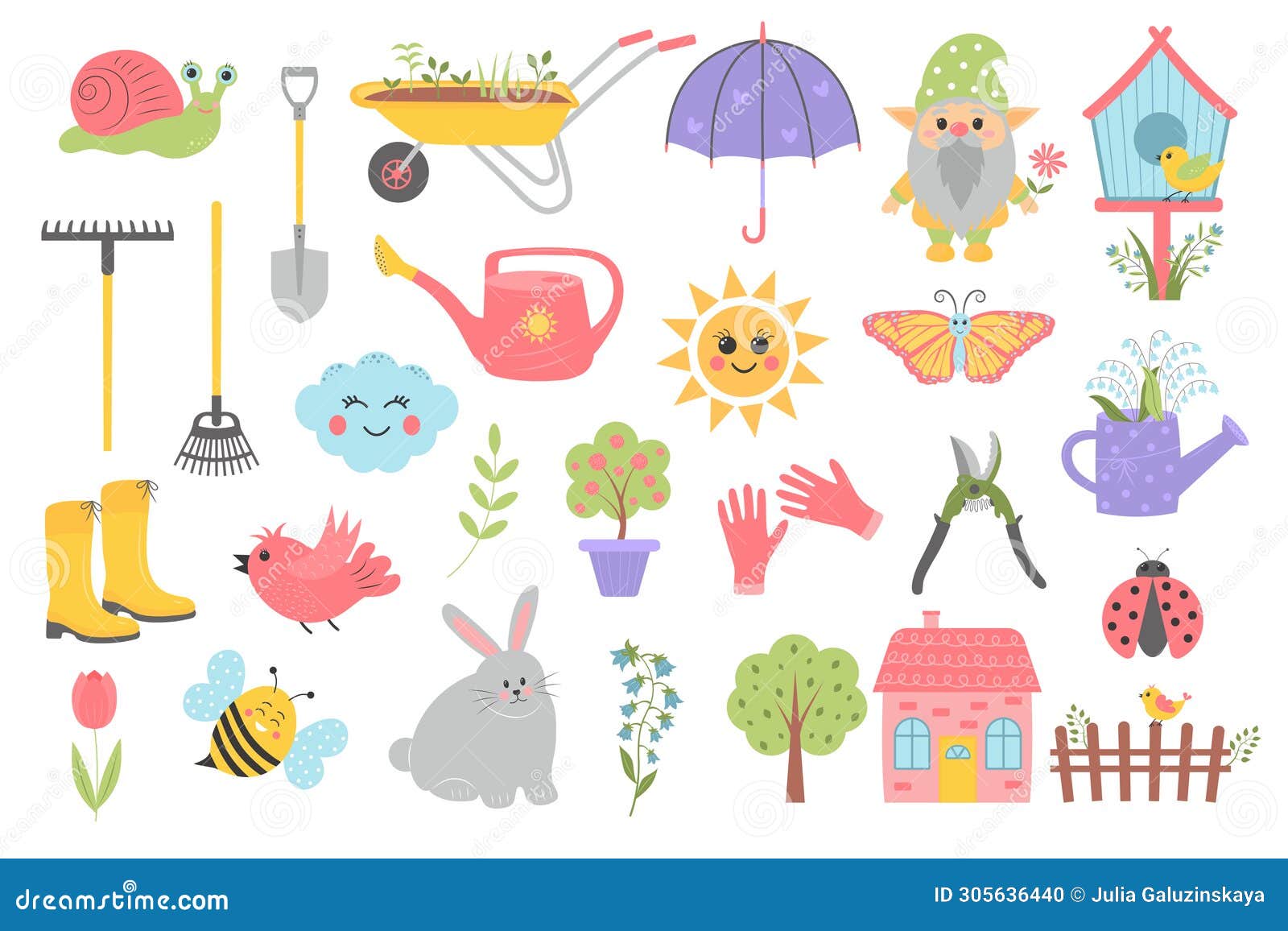 Gardening and Spring Set. Cute Cartoon Springtime Items Stock ...