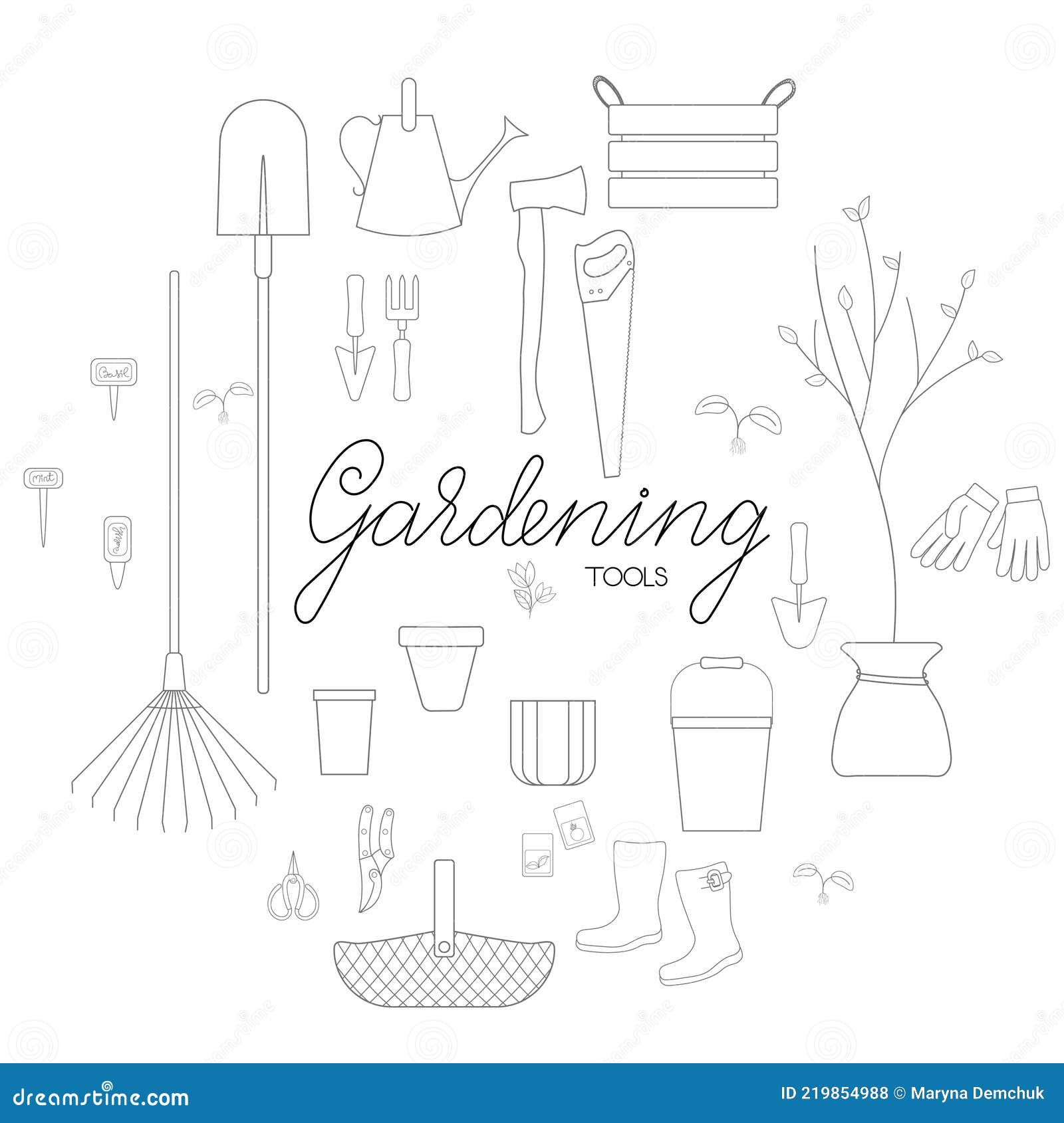 Gardening Tools Banner Outline Simple Minimalistic Flat Design Vector ...