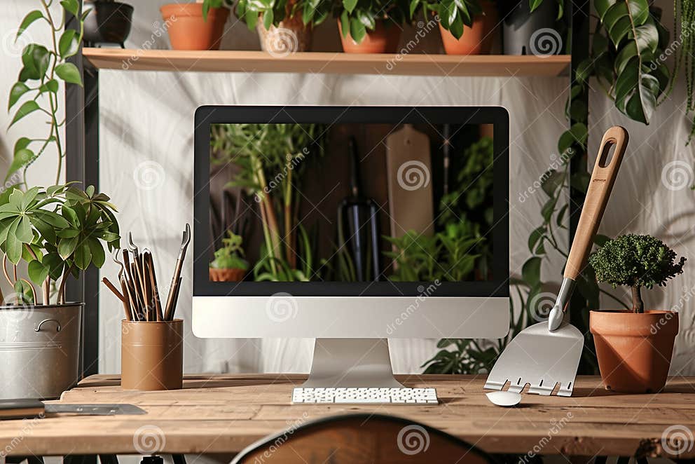 Gardening Tools and Computer on a Table. by Generative Ai Stock ...