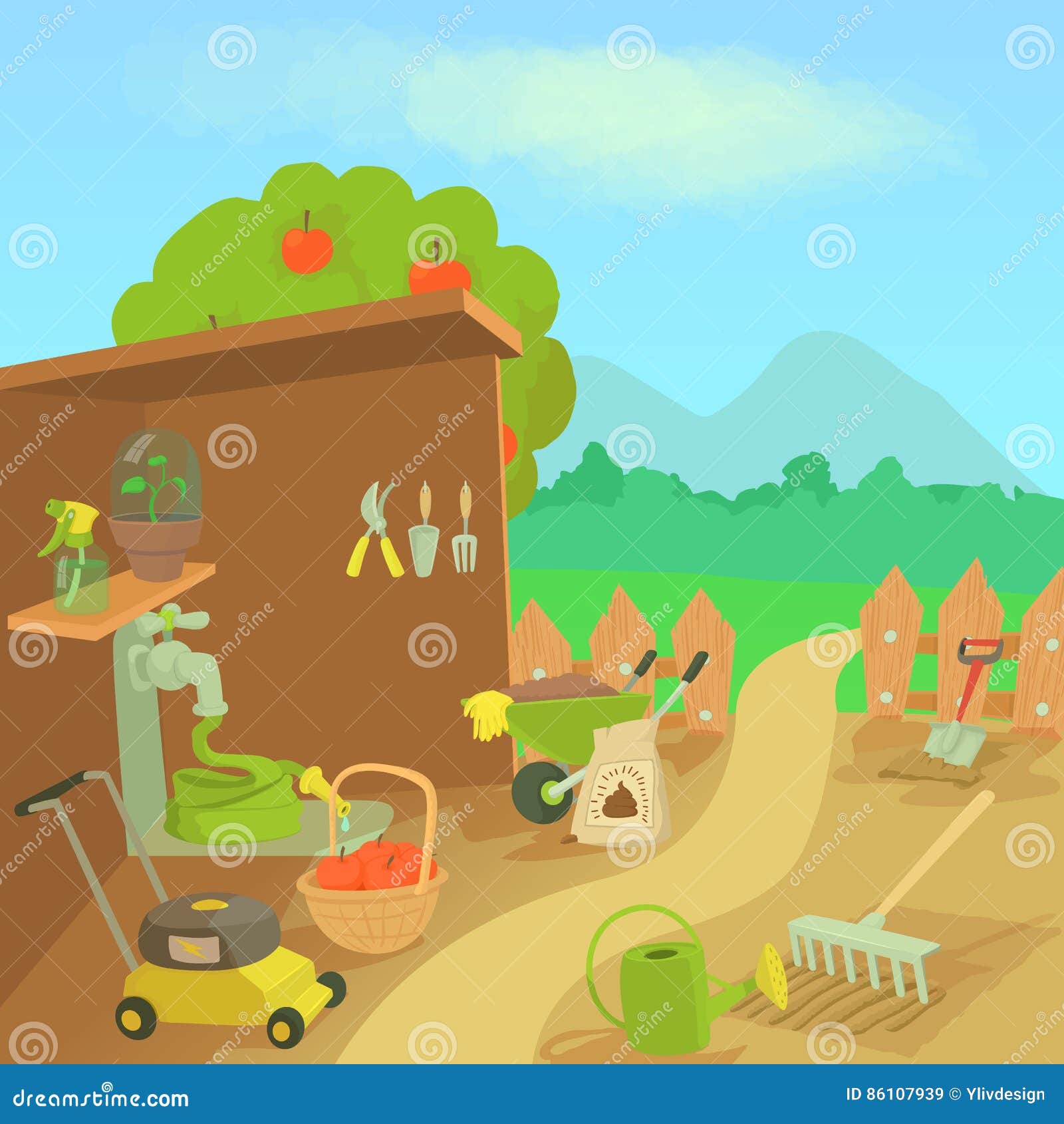 Gardening Tools Landscape Concept, Cartoon Style Stock Vector ...