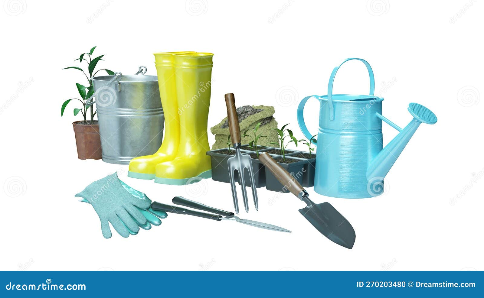 Gardening Tools and Props at Sunny Day 3d Render on a White Background ...