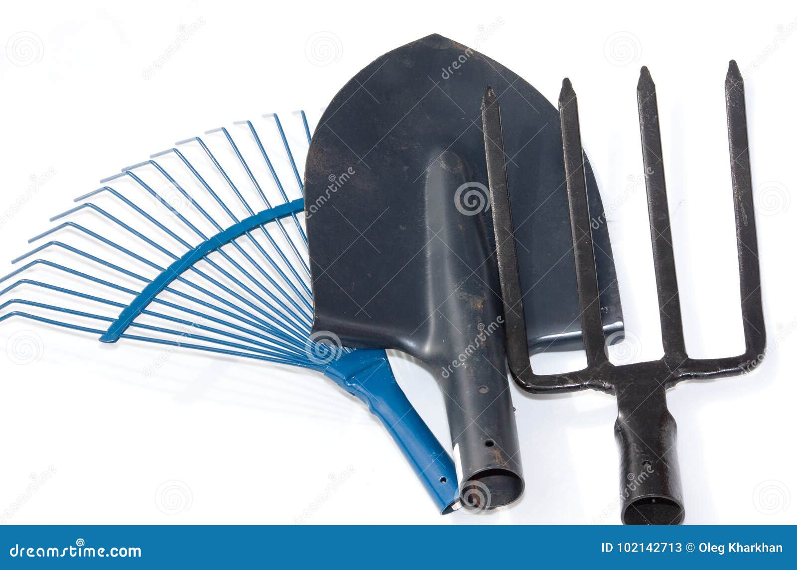 Gardening Tools, Spade, Fork and Rake on White Background Stock Image ...