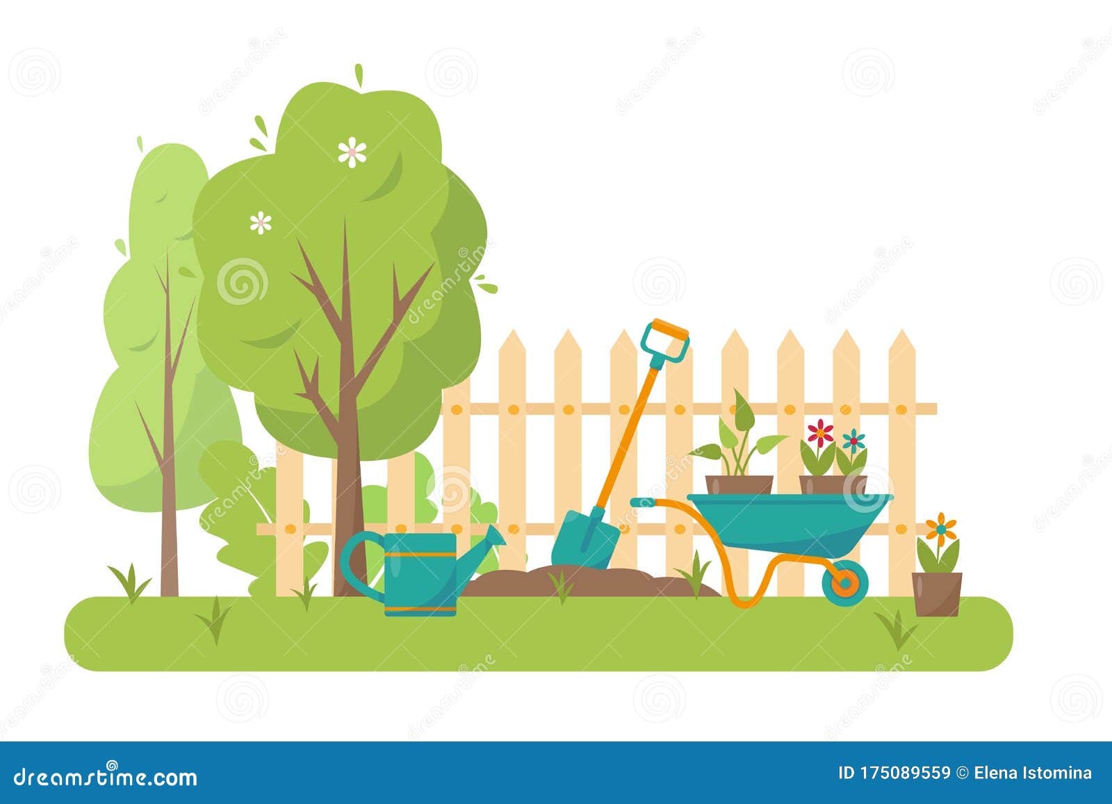 Gardening Tools and Trees in Garden. Stock Vector - Illustration of ...