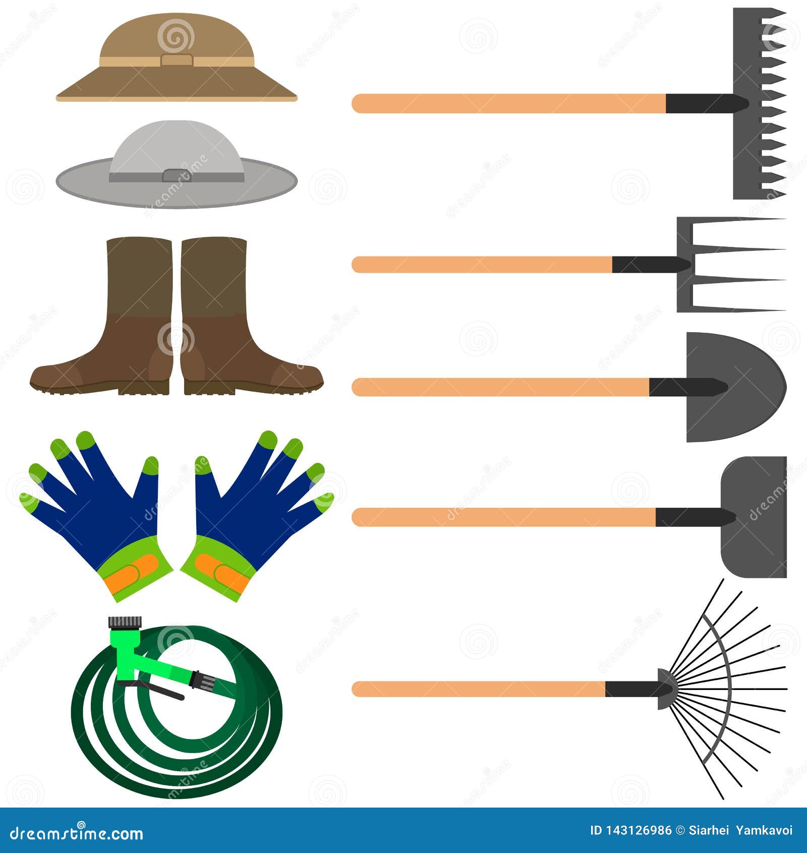 Set of Various Gardening and Farm Tools Including Gloves, Watering Hose ...