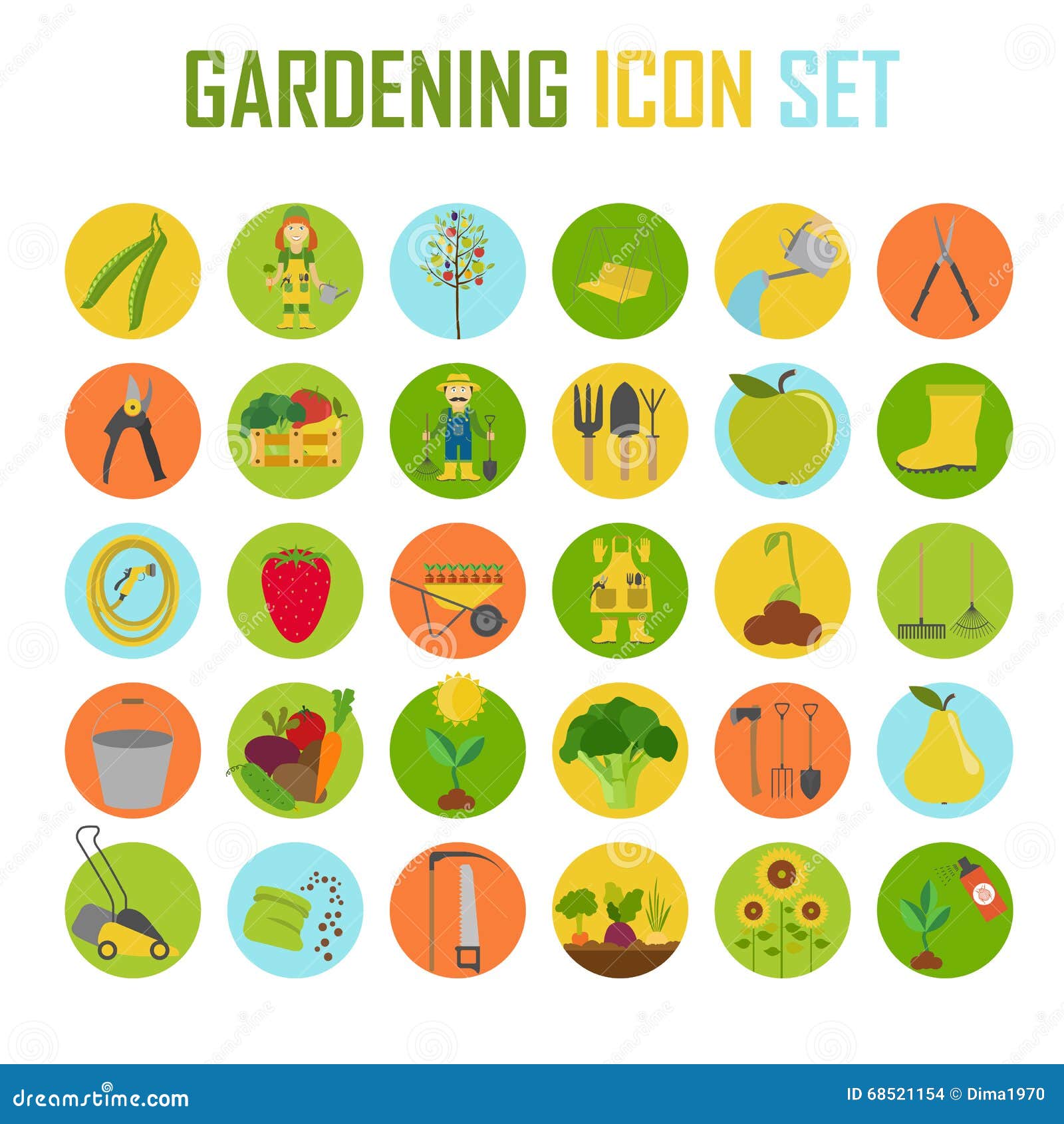 Gardening Work, Farming Icon Set. Flat Style Design Stock Vector ...