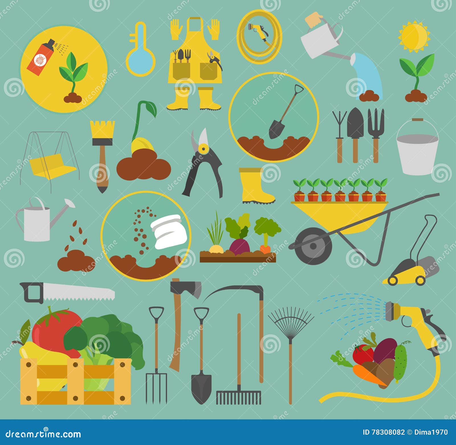 Gardening Work, Farming Icon Set. Flat Style Design Stock Vector ...
