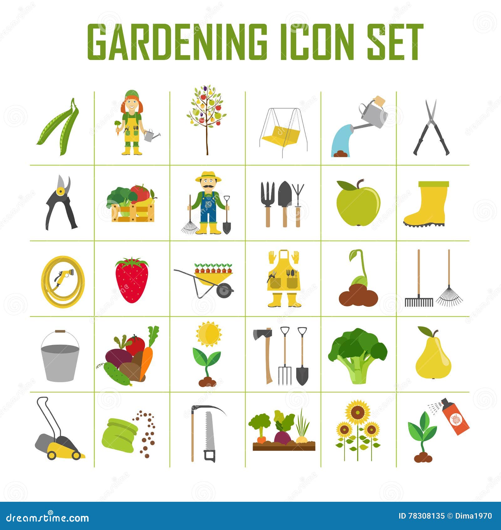 Gardening Work, Farming Icon Set. Flat Style Design Stock Vector ...