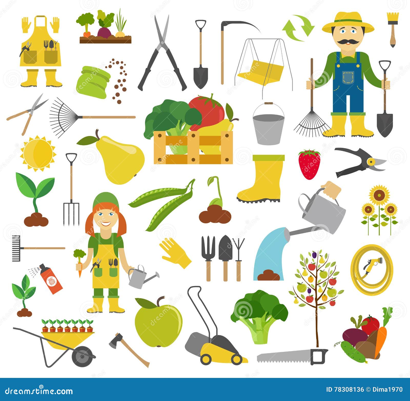 Gardening Work, Farming Icon Set. Flat Style Design Stock Vector ...