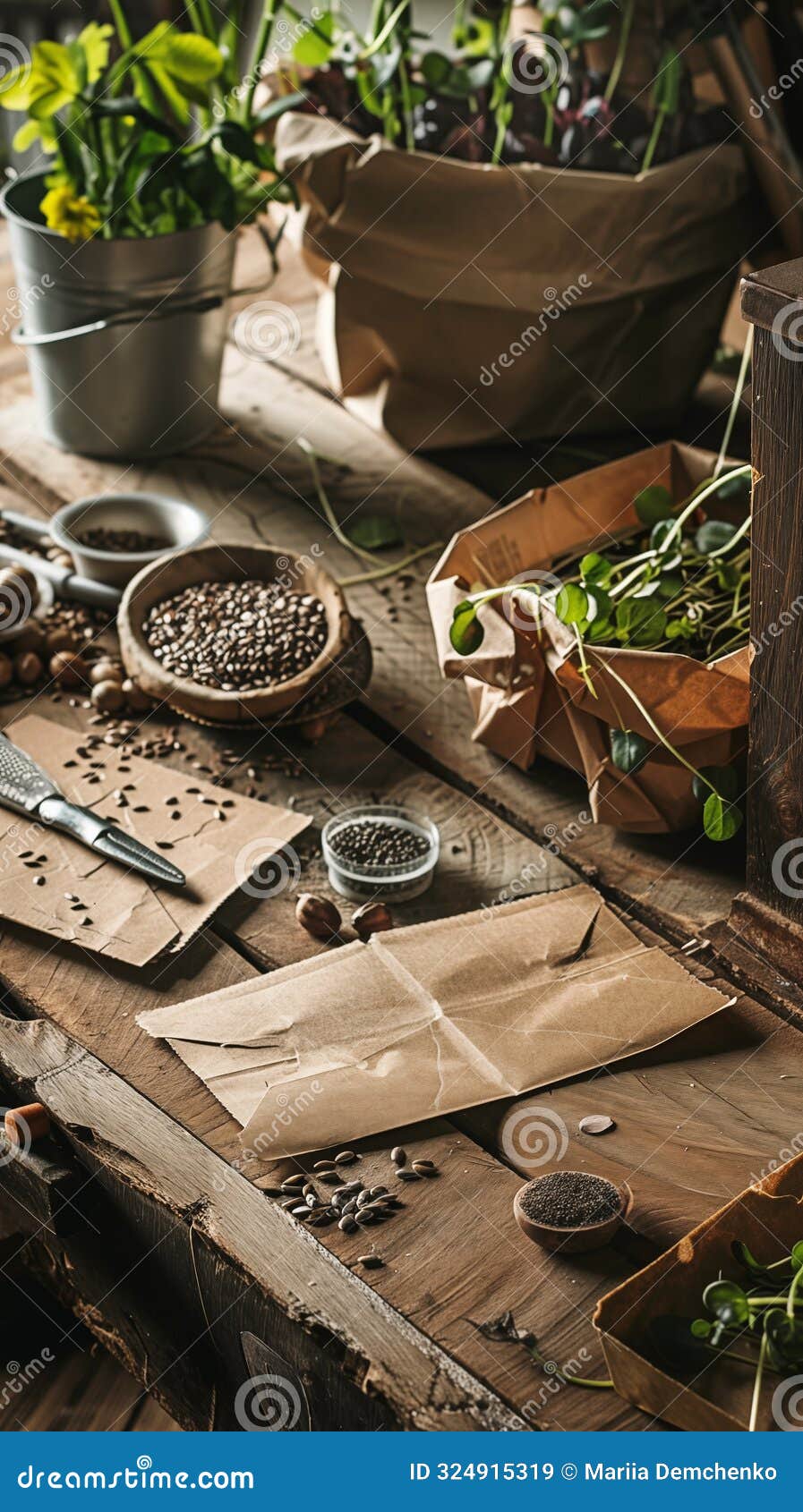 Gardening Workspace with Seeds, Plants, and Tools on Wooden Table Stock ...