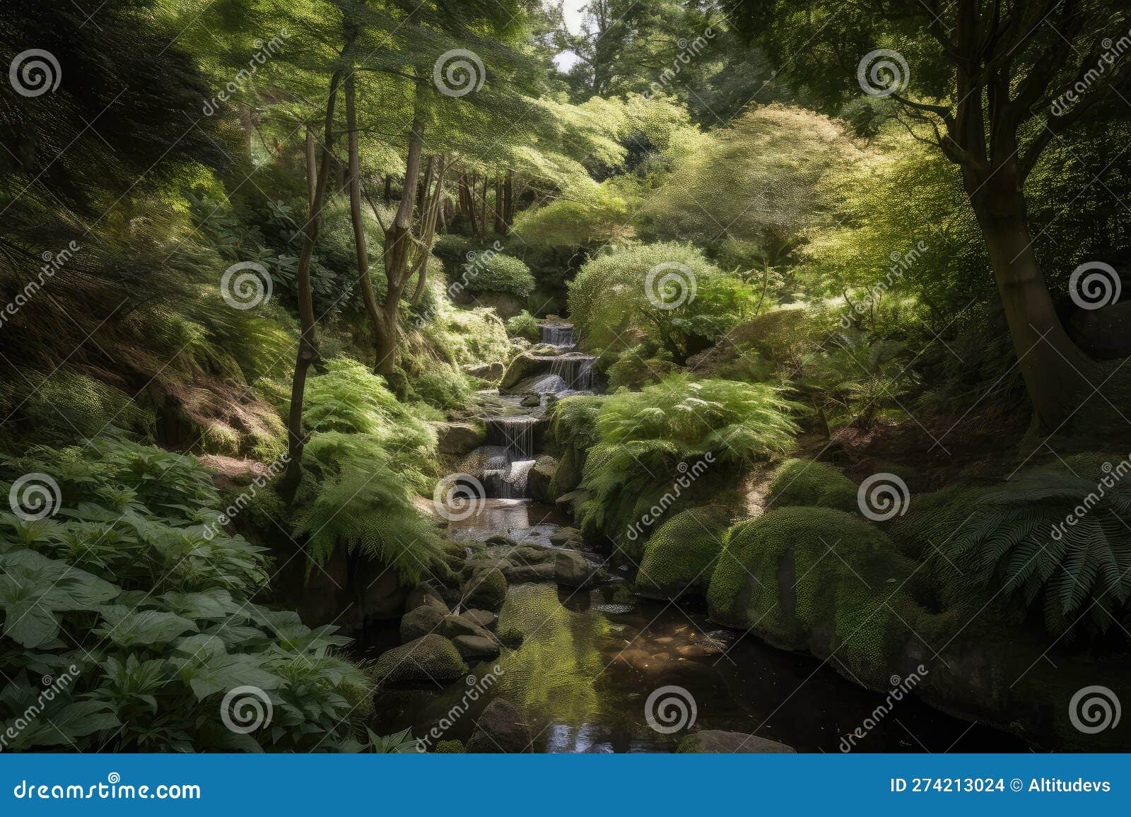 Gardens with Babbling Brook, Waterfall and Towering Trees Stock Photo ...