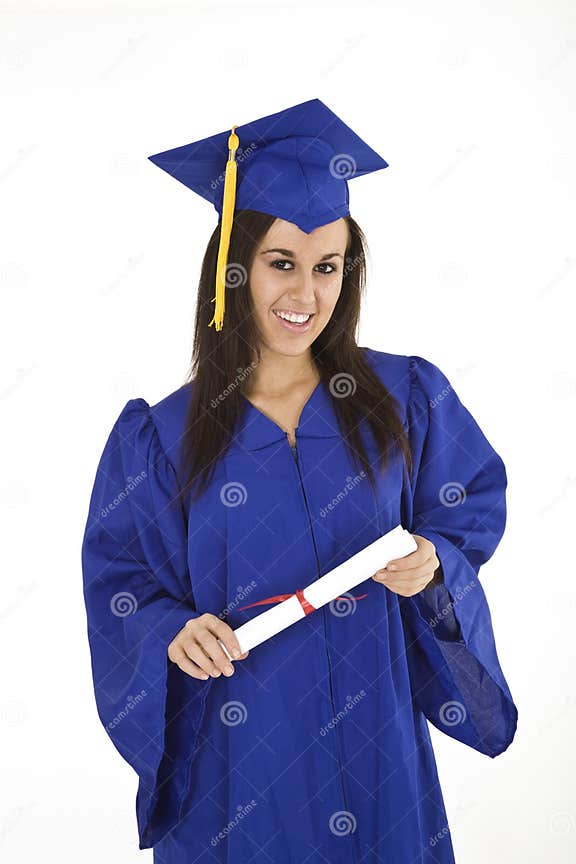Beautiful Caucasian Woman Wearing a Blue Graduation Gown Holding ...
