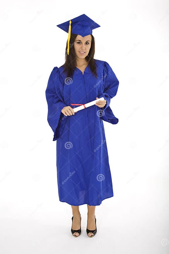 Beautiful Caucasian Woman Wearing a Blue Graduation Gown Holding ...